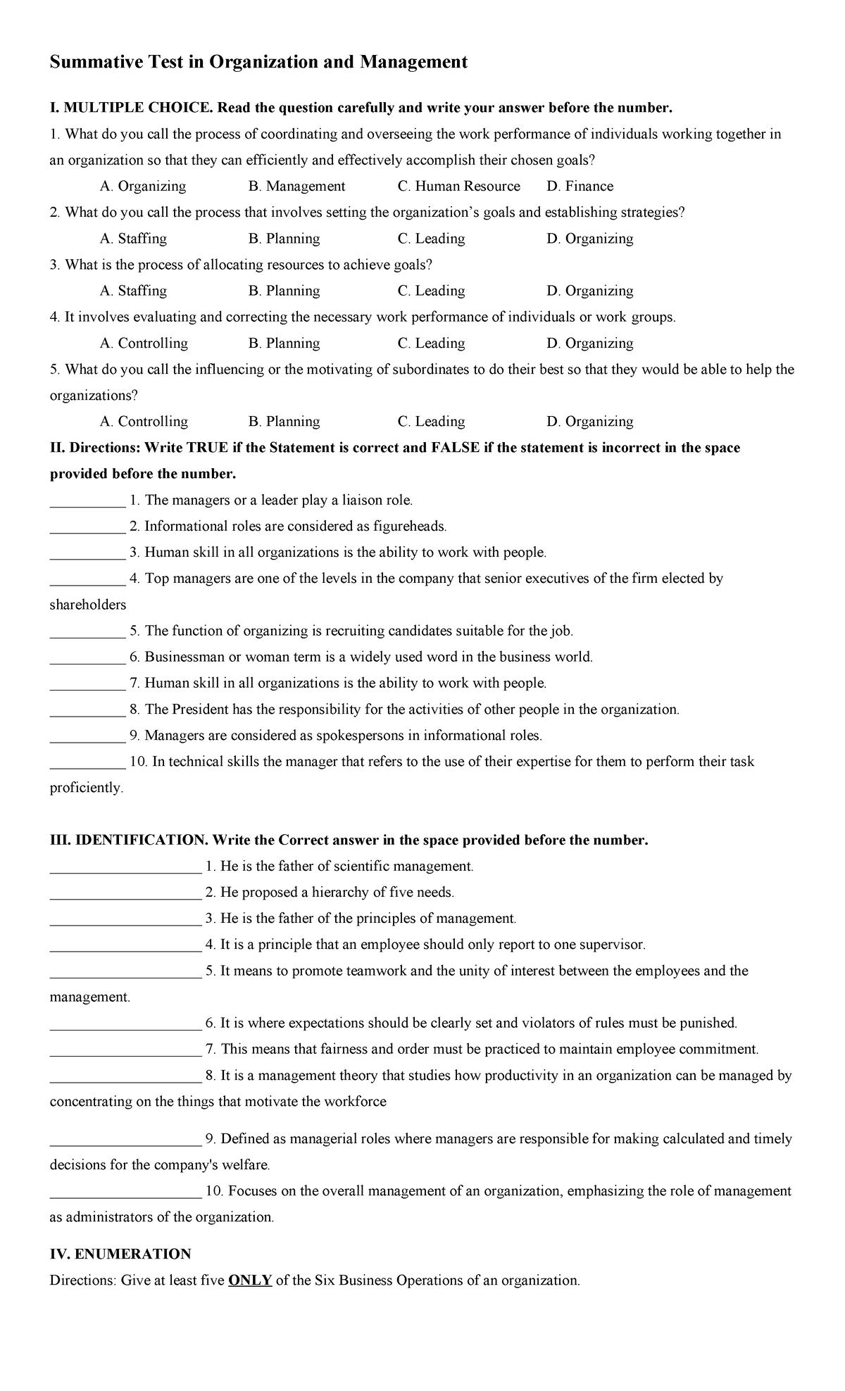 Summative Test in Organization and Management - MULTIPLE CHOICE. Read ...