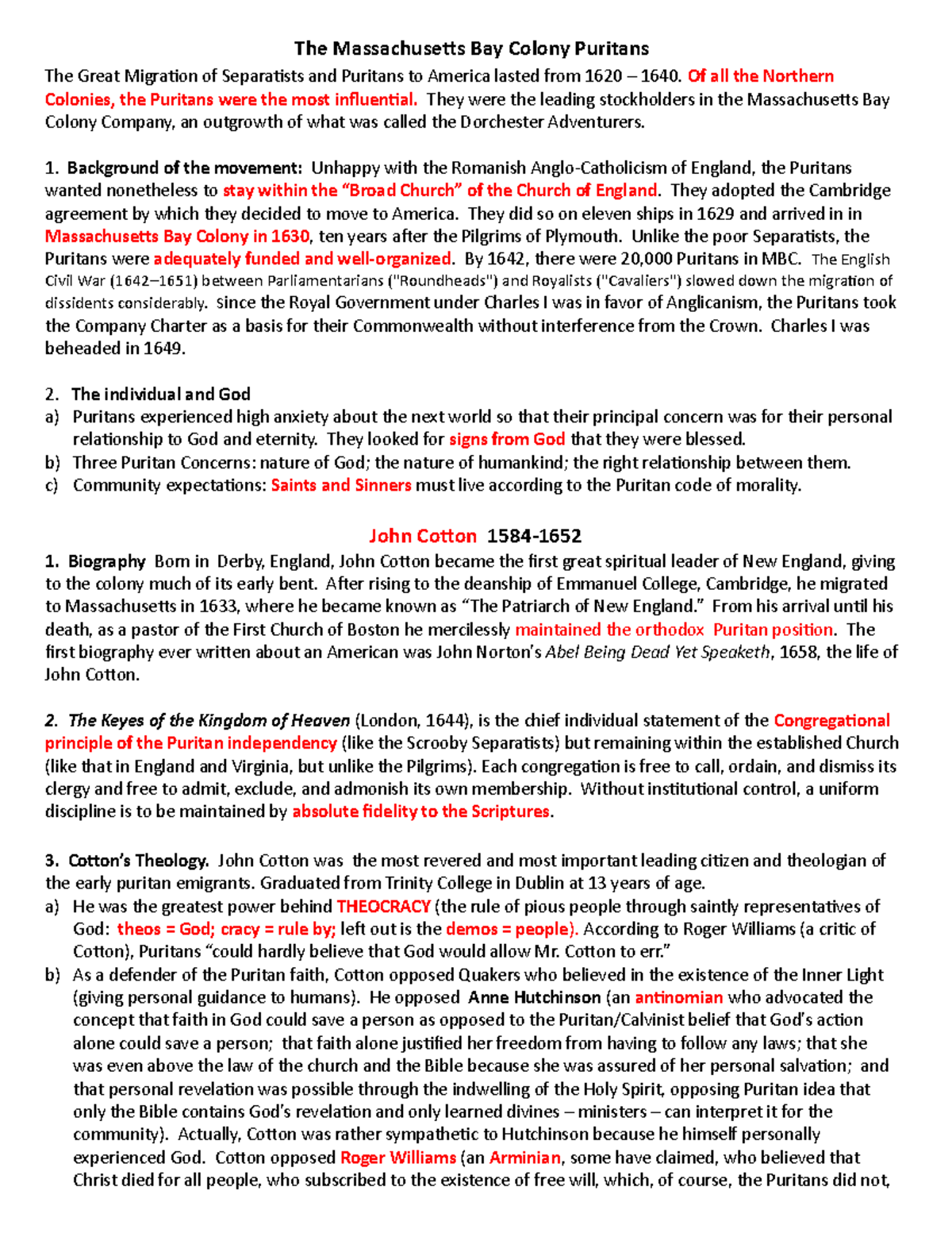 Class Notes Cotton,Winthrop,Williams,Hutchinson,Hooker - The ...