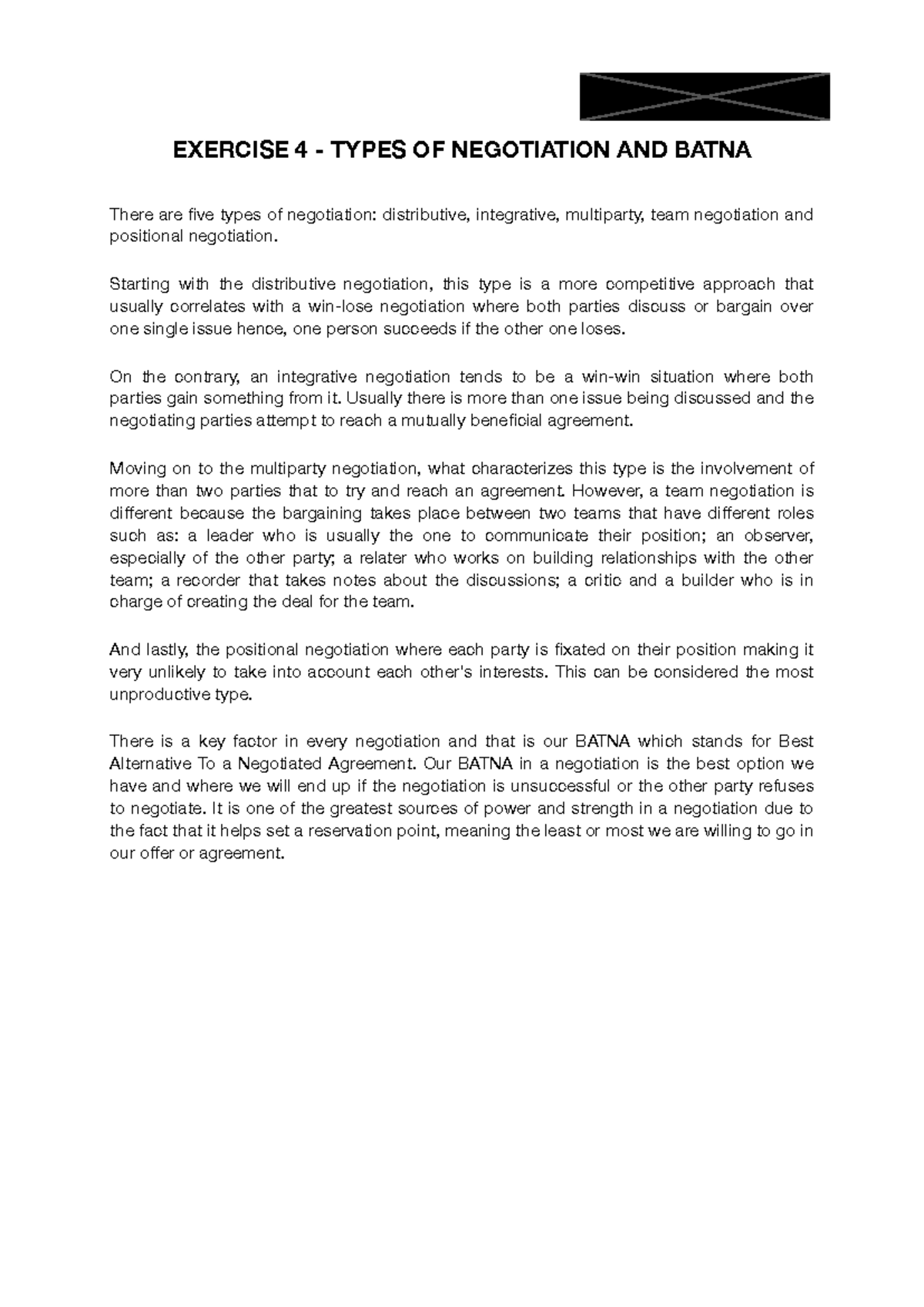 Exercise 4 - Types of negotiation and Batna. pdf - EXERCISE 4 - TYPES OF NEGOTIATION AND BATNA ...
