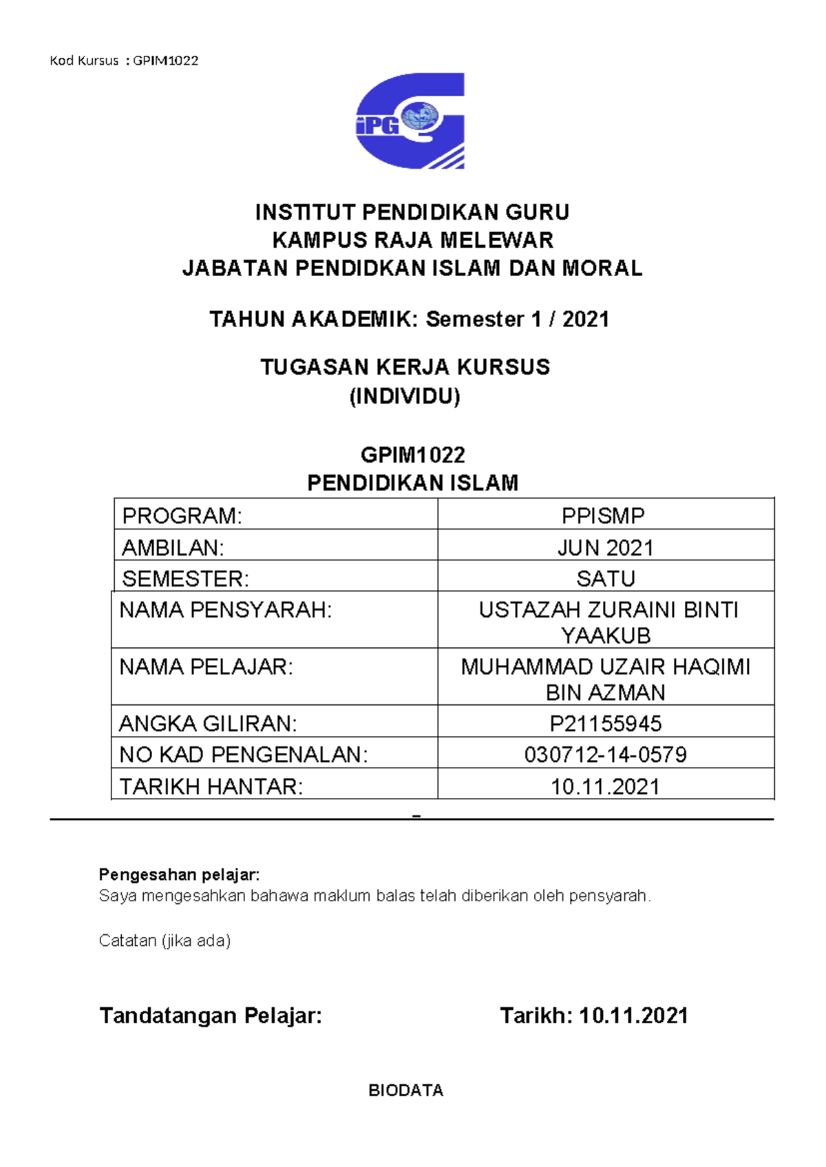 7. Muhammad Uzair Haqimi 10039 PBKK3 - INSTITUT PENDIDIKAN GURU KAMPUS ...