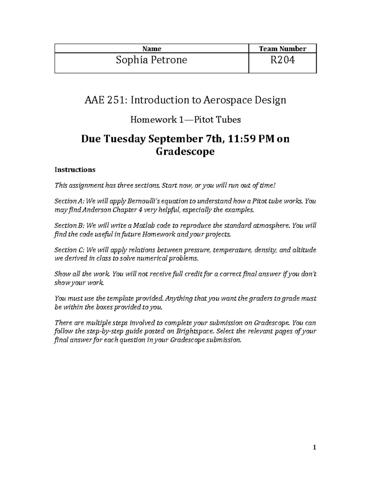 AAE251 HW1 Pitot Tubes Fall 21 spetrone - Name Team Number Sophia ...