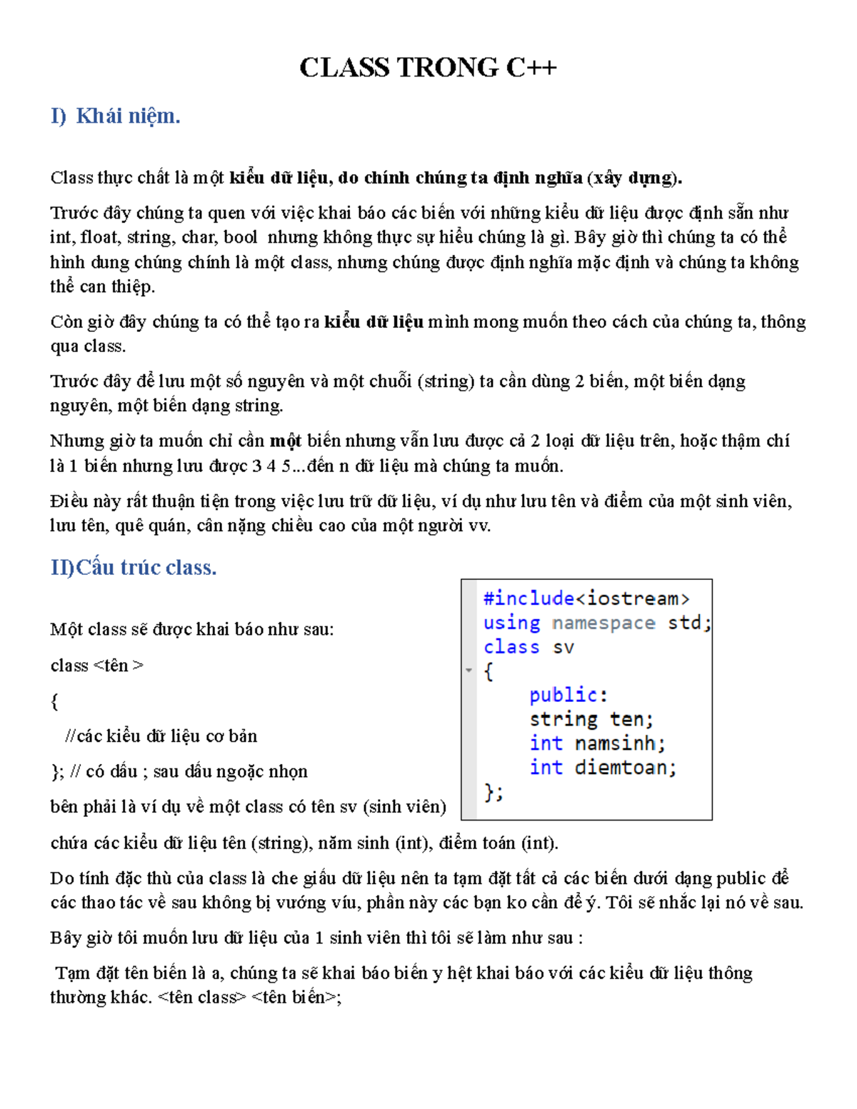 Class Trong C++ - aaaaa - CLASS TRONG C++ I) Khái niệm. Class thực chất ...