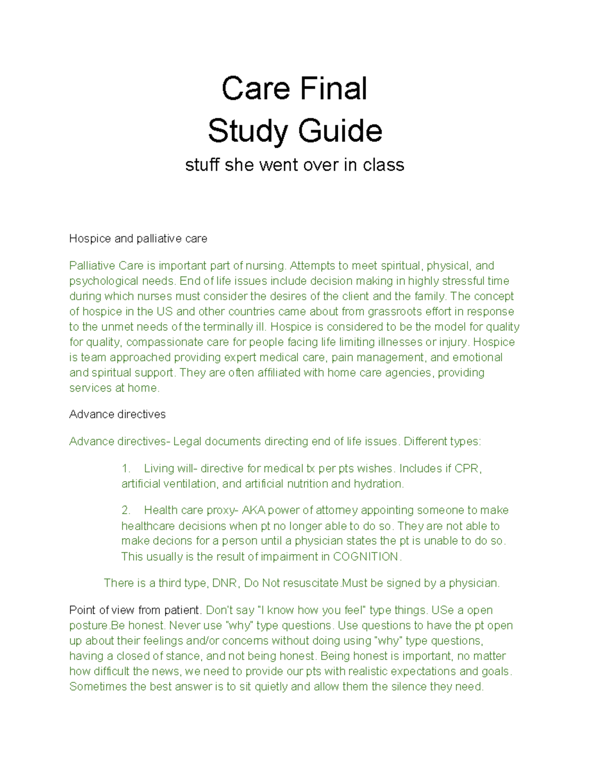 Care Final Study Review - Care Final Study Guide stuff she went over in ...