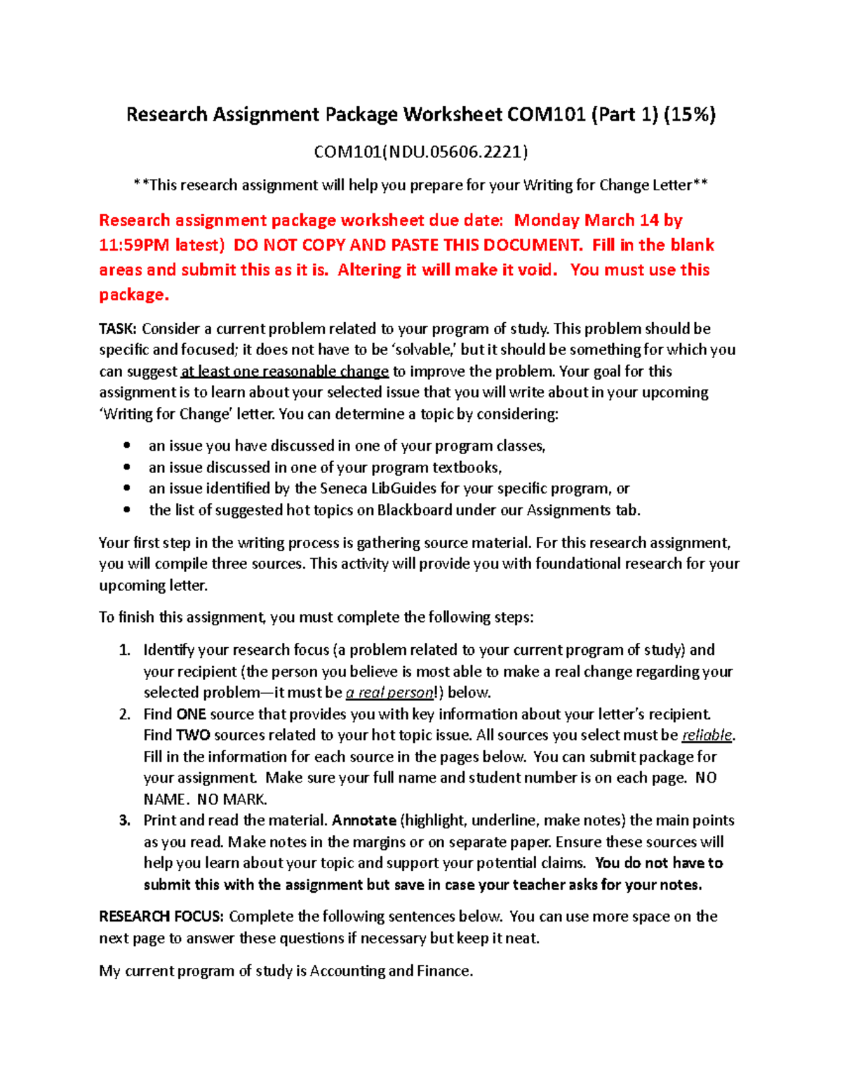 COM101 Research Assignment - Research Assignment Package Worksheet ...