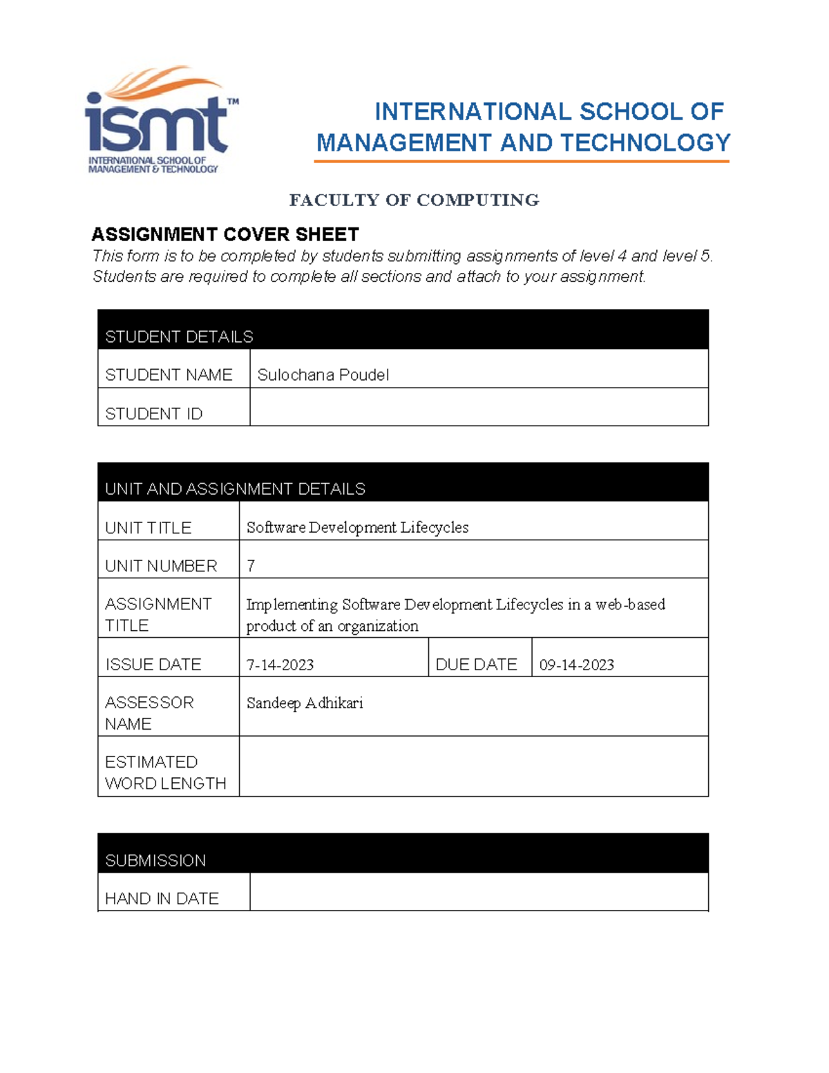 SDLC Assignment - INTERNATIONAL SCHOOL OF MANAGEMENT AND TECHNOLOGY ...