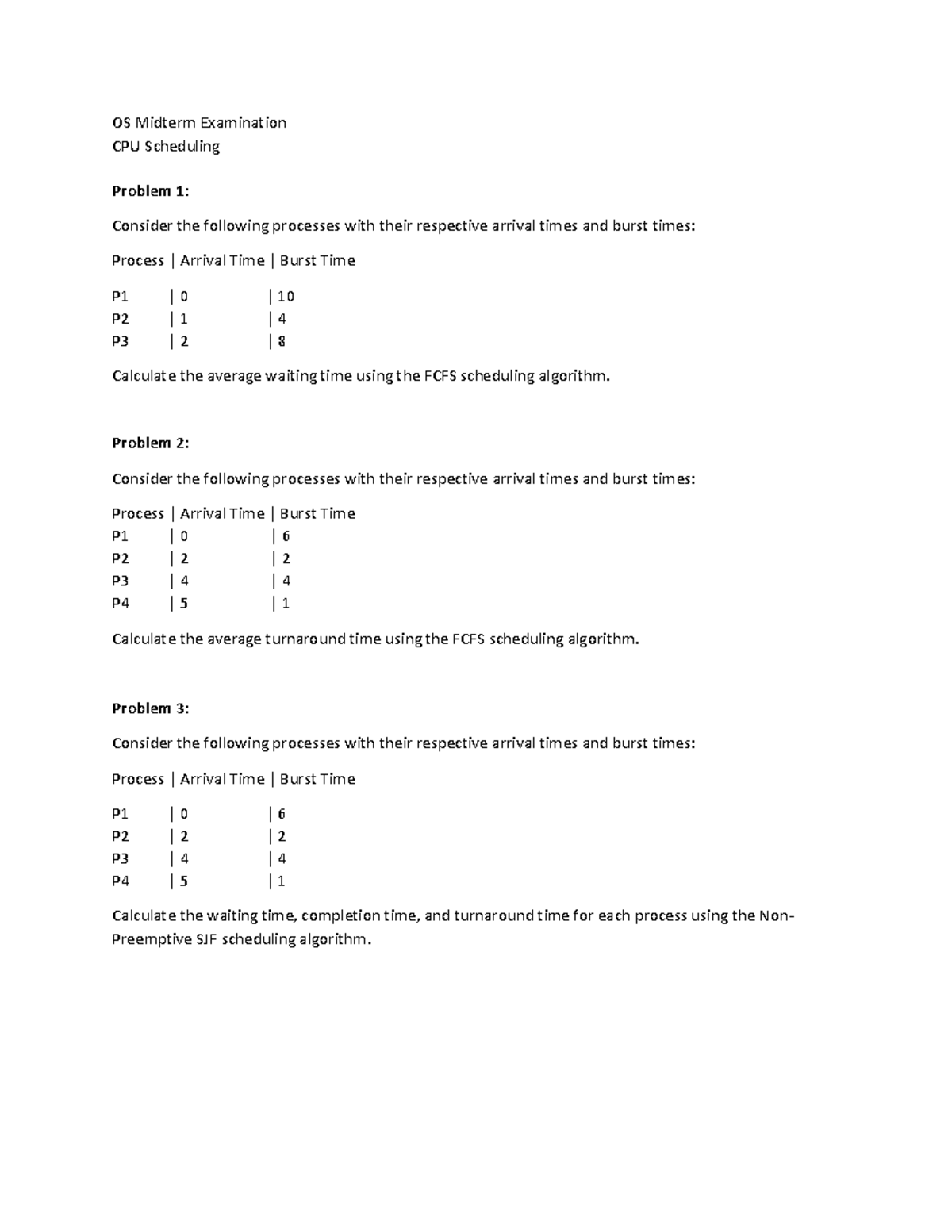 OS Midterm Examination-1 - OS Midterm Examination CPU Scheduling ...