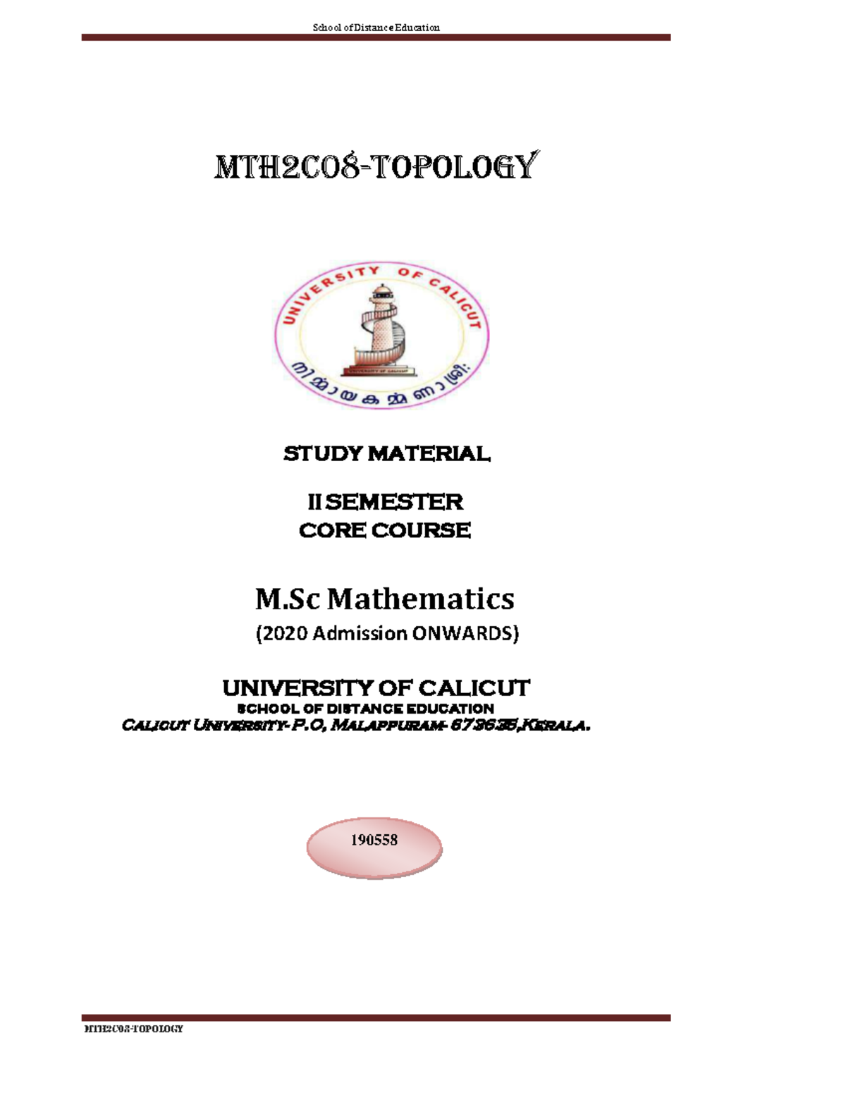 8-Topology - MSC mathematics core course sem 2 Topology - School of Distance Education - Studocu