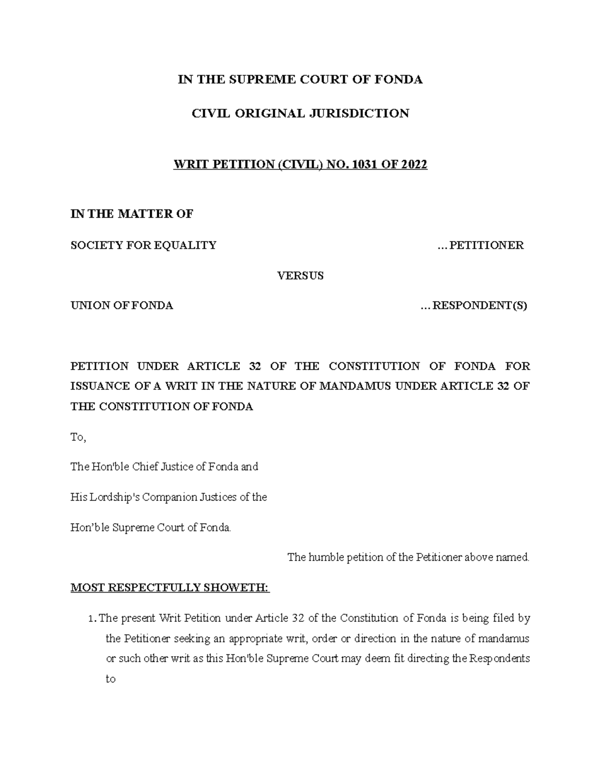 Writ Petition - ... - IN THE SUPREME COURT OF FONDA CIVIL ORIGINAL ...