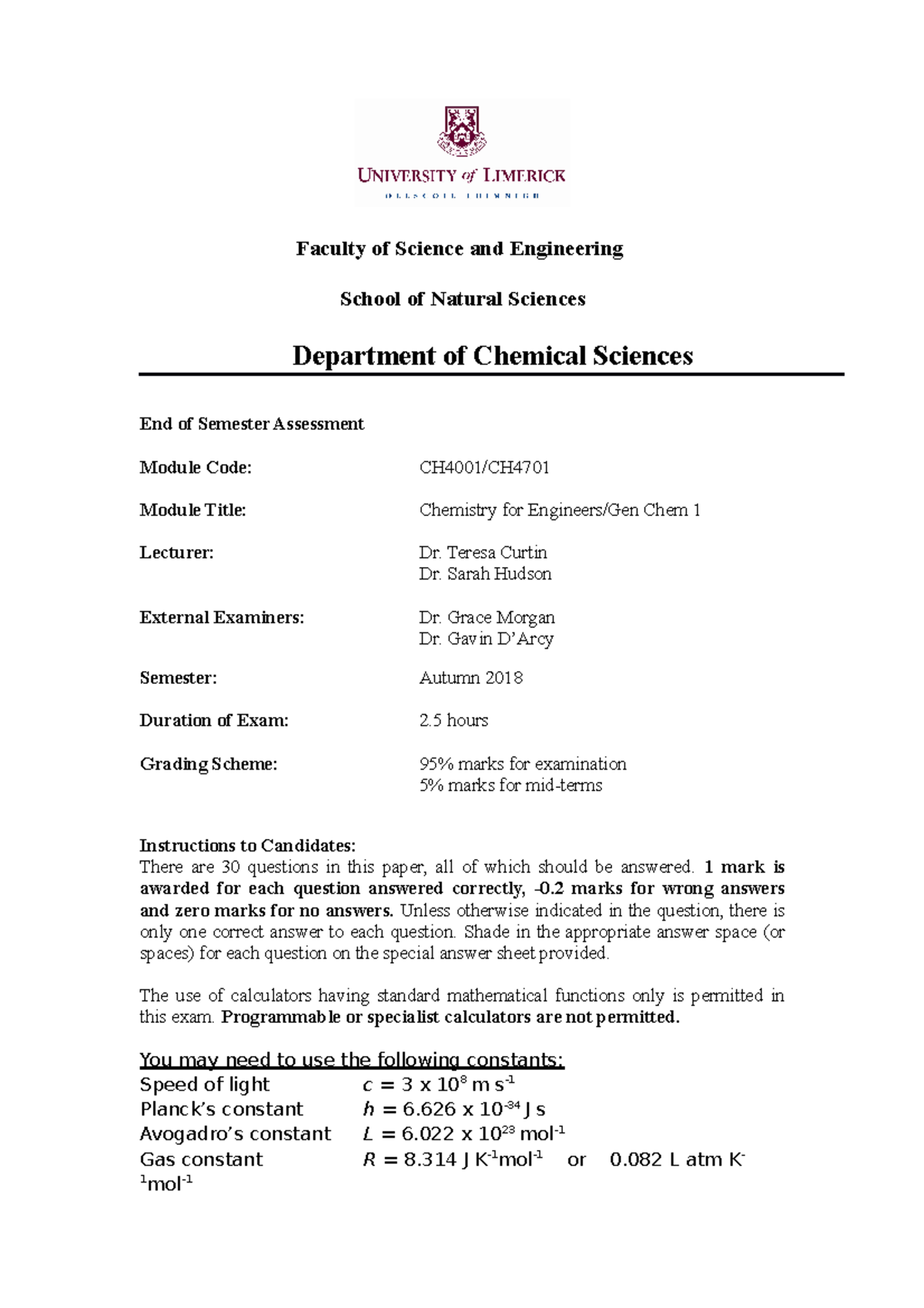 Exam Paper 2018 - Faculty of Science and Engineering School of Natural ...