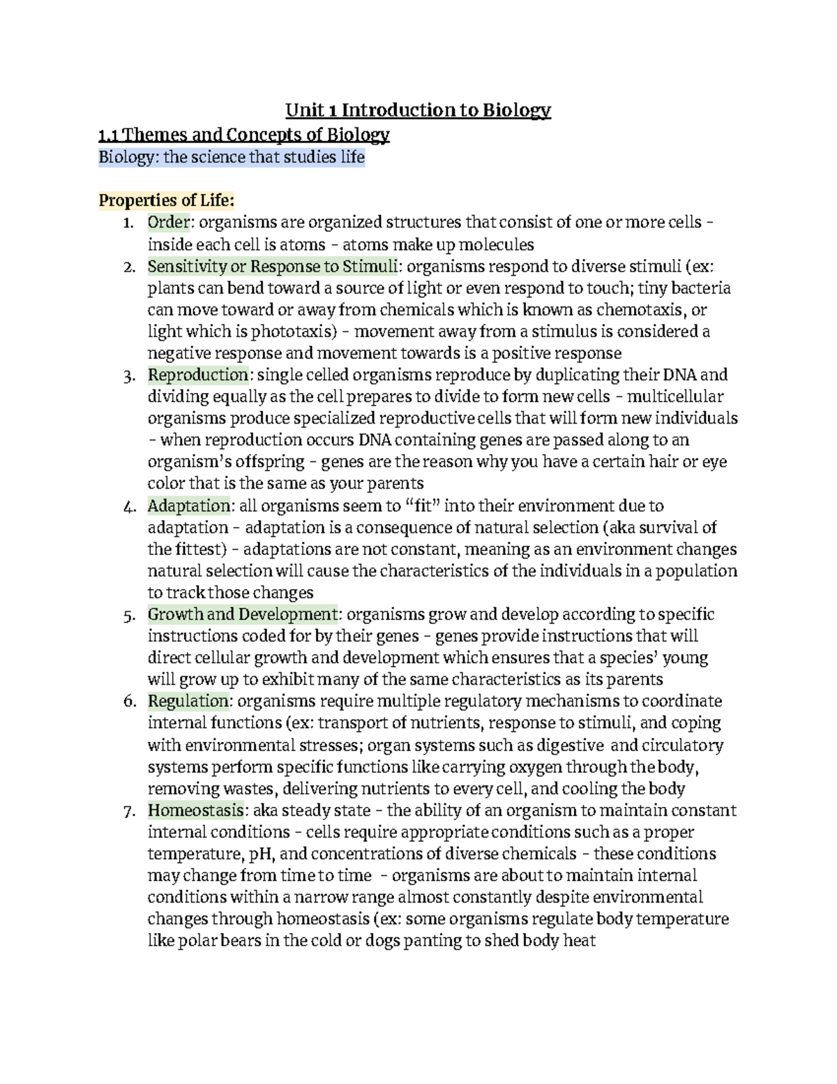Bio Unit 1 Notes - Professor Mindy Smith. Introduction to Biology ...