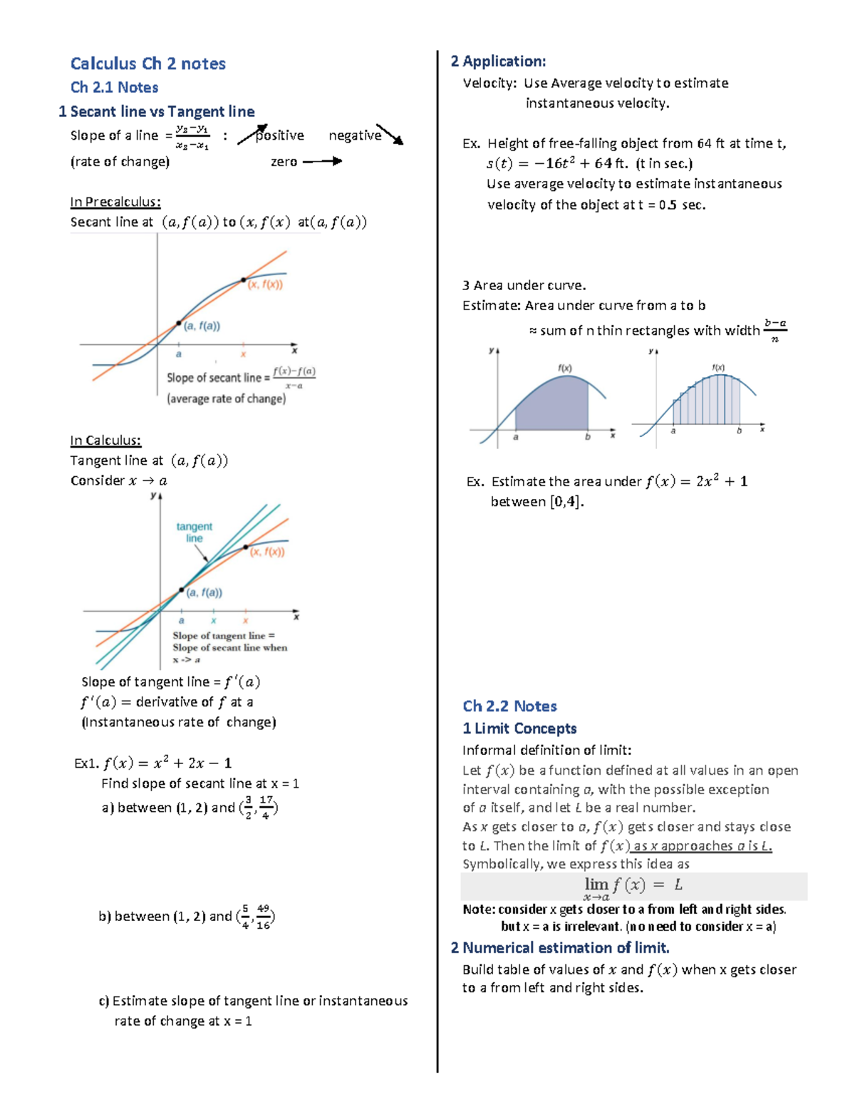 Math 192 Chapter 2 Notes - Calculus Ch 2 notes Ch 2 Notes 1 Secant line ...