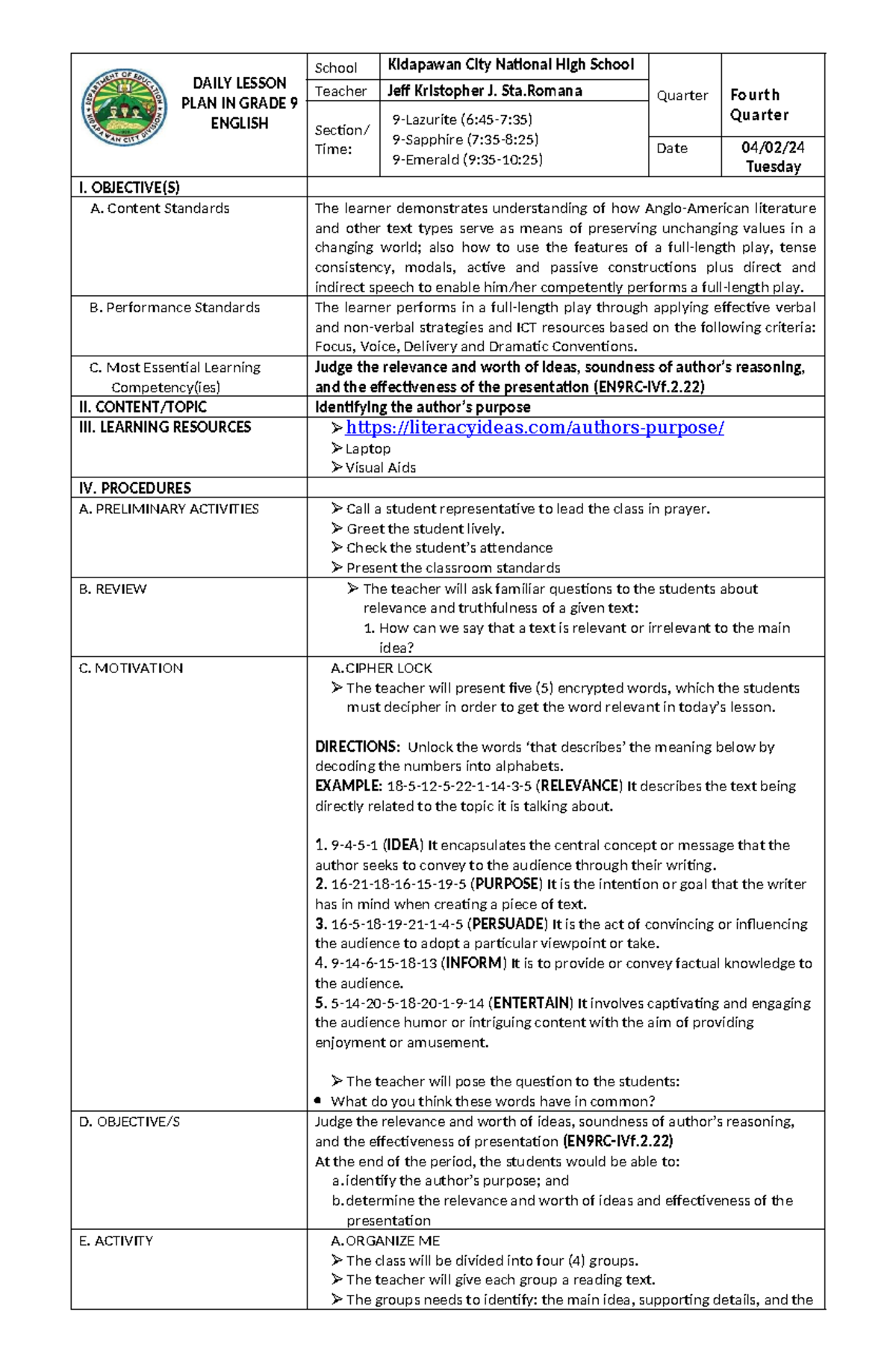The Author's Purpose - DAILY LESSON PLAN IN GRADE 9 ENGLISH School Kidapawan City National High ...