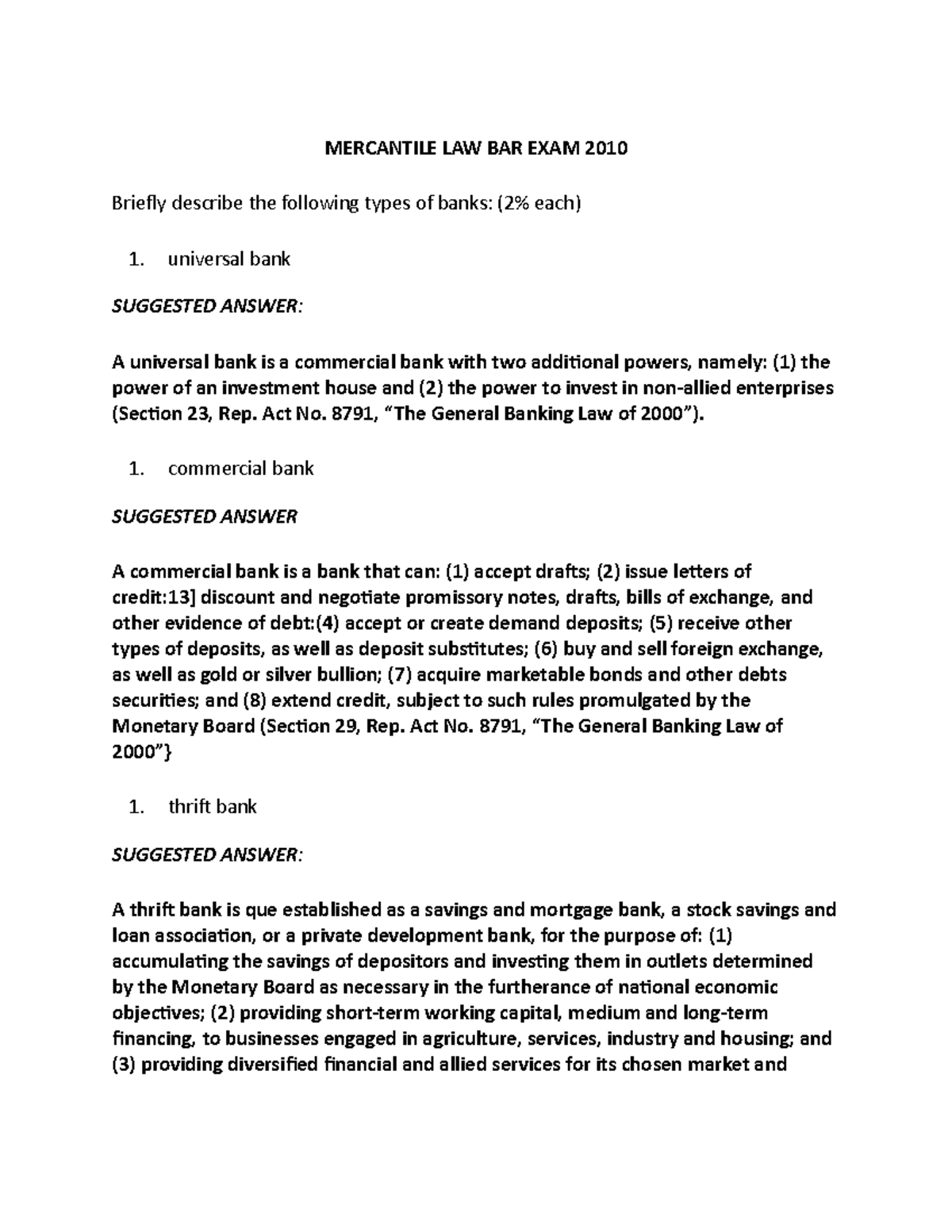Mercantile LAW BAR EXAM 2010 Bar exam - MERCANTILE LAW BAR EXAM 2010 ...