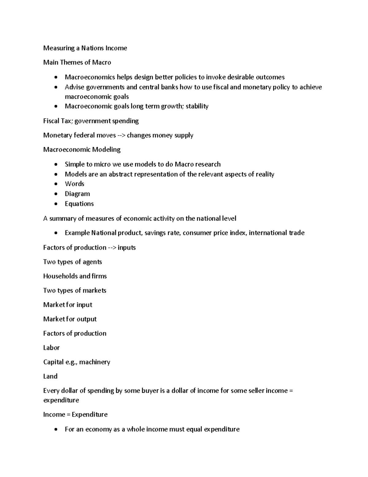 Economics Notes - Measuring a Nations Income Main Themes of Macro ...