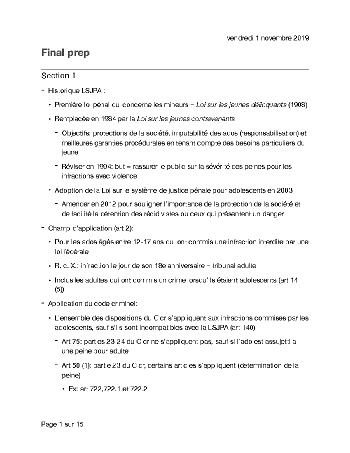 Final prep JM - Notes de cours 1-14 - Final prep Section 1 Historique ...
