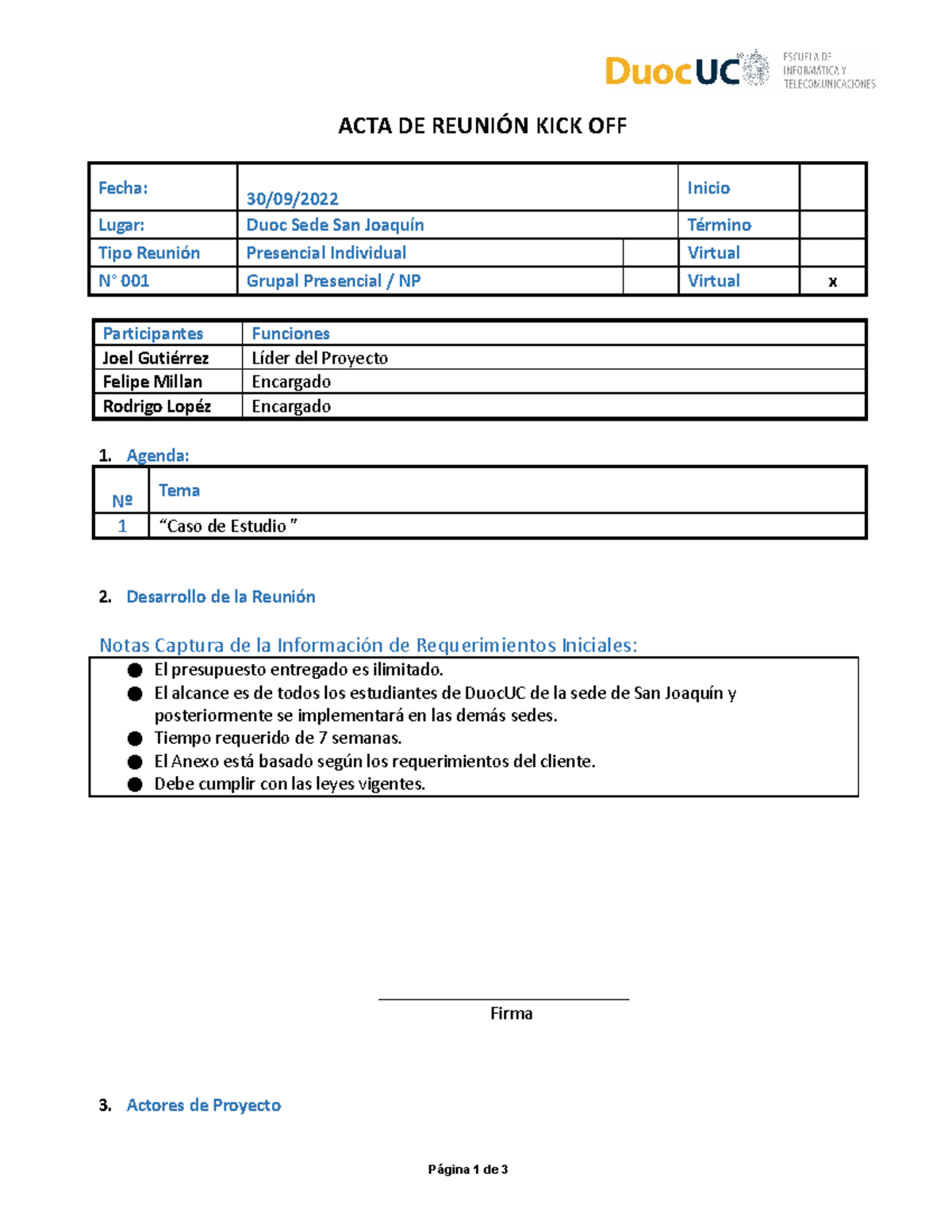 Acta Minuta Kick Off - sfsfsf - ACTA DE REUNIÓN KICK OFF Fecha: 30/09 ...