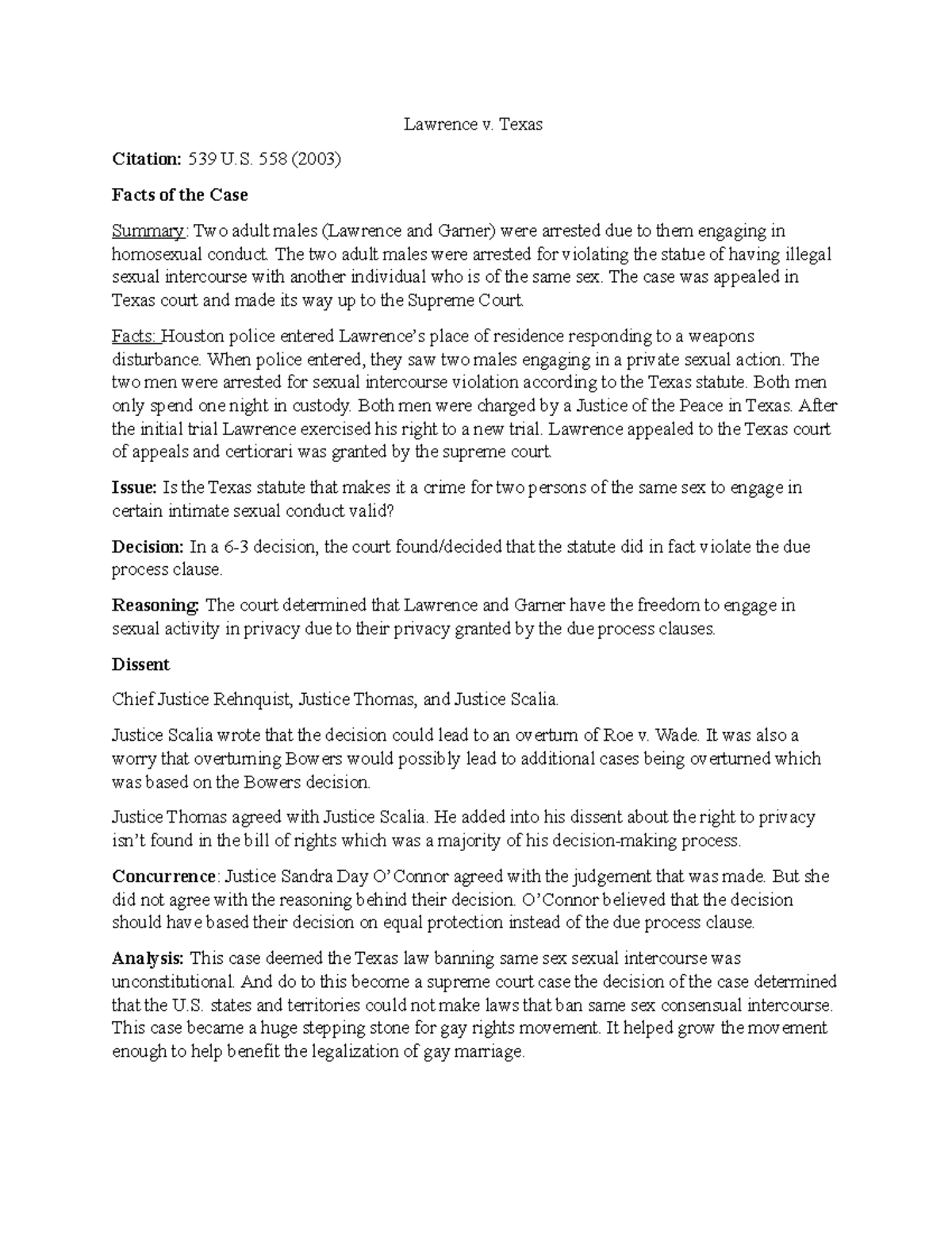 Criminal Law - Case Brief 1 - Lawrence v. Texas Citation: 539 U. 558 ...