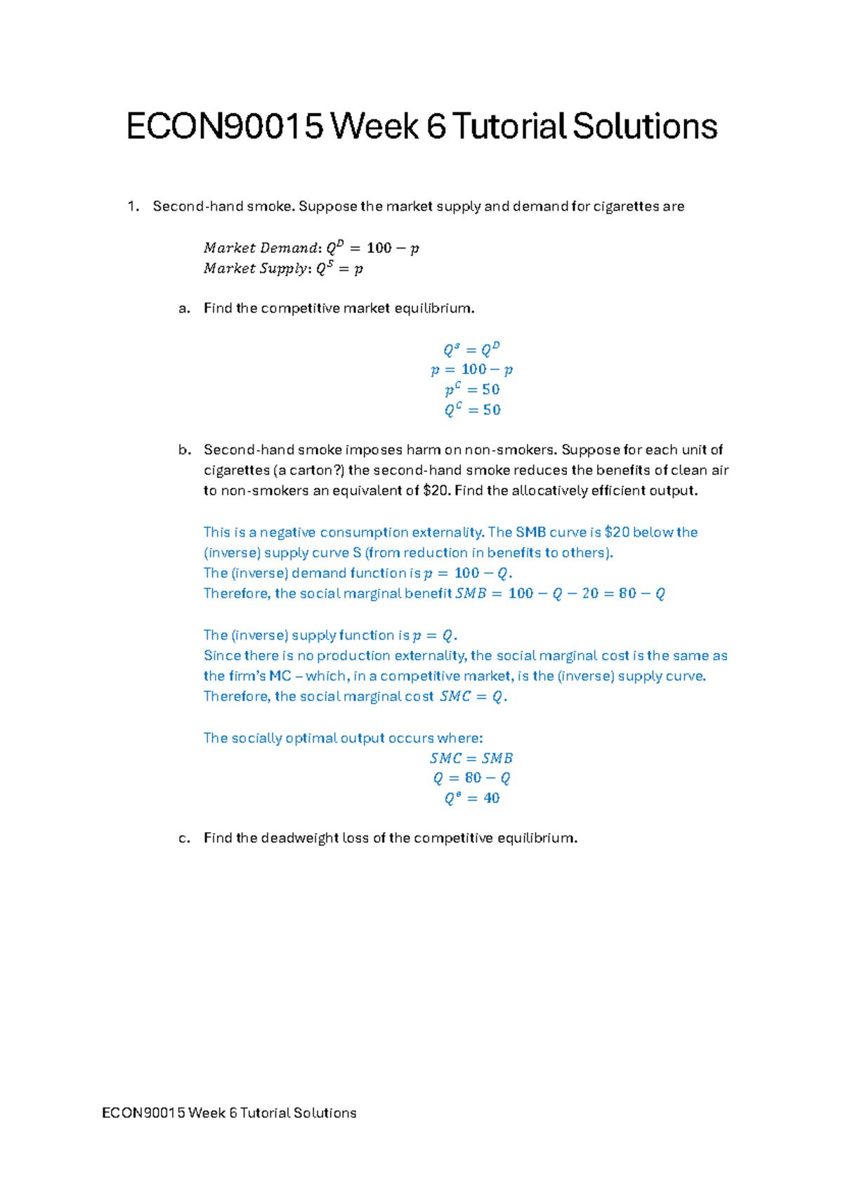 ECON90015 Week 6 Tutorial Solutions - ECON90015 Week 6 Tutorial ...
