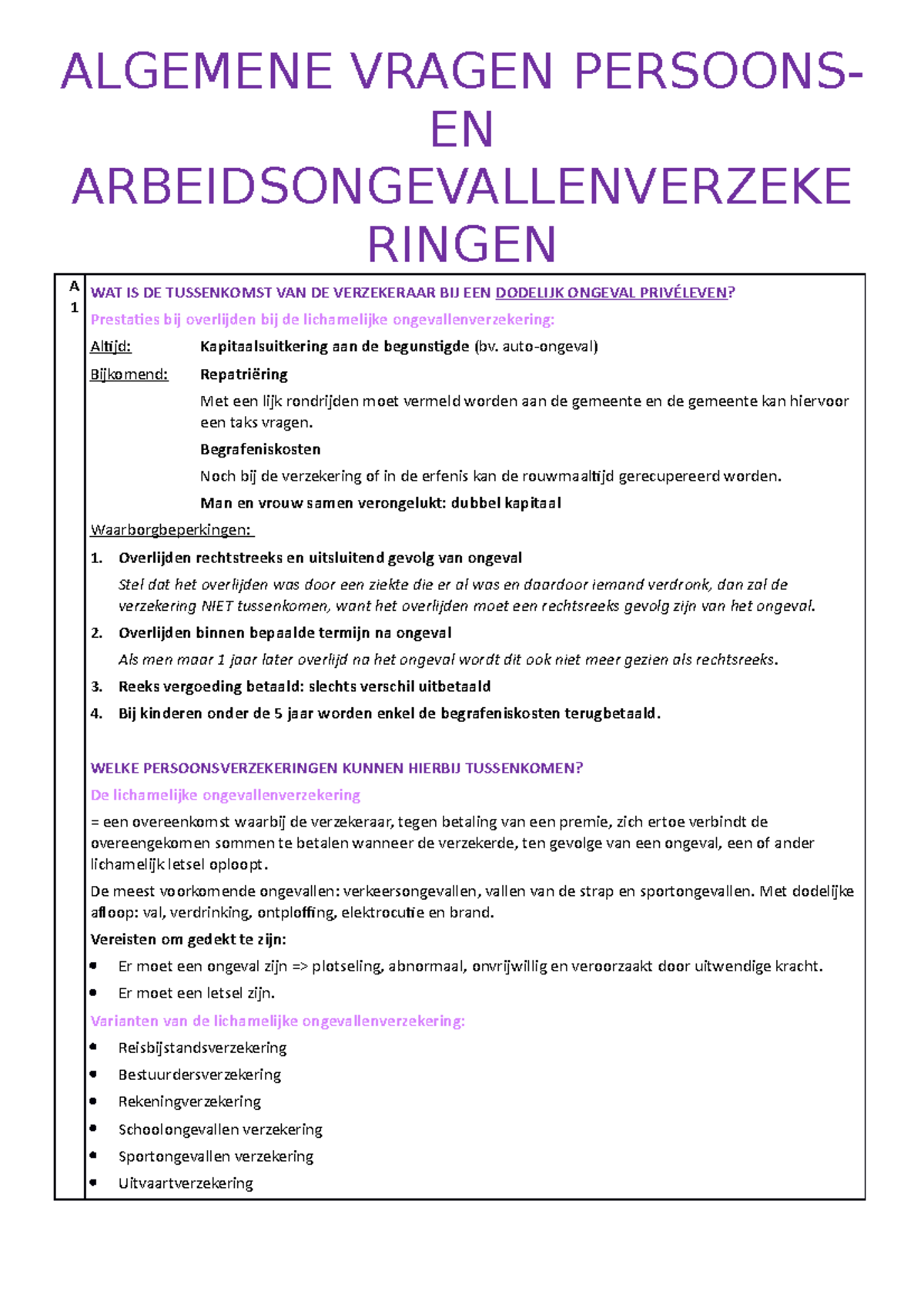 Algemene- Vragen - ALGEMENE VRAGEN PERSOONS- EN ARBEIDSONGEVALLENVERZEKE RINGEN A 1 WAT IS DE ...