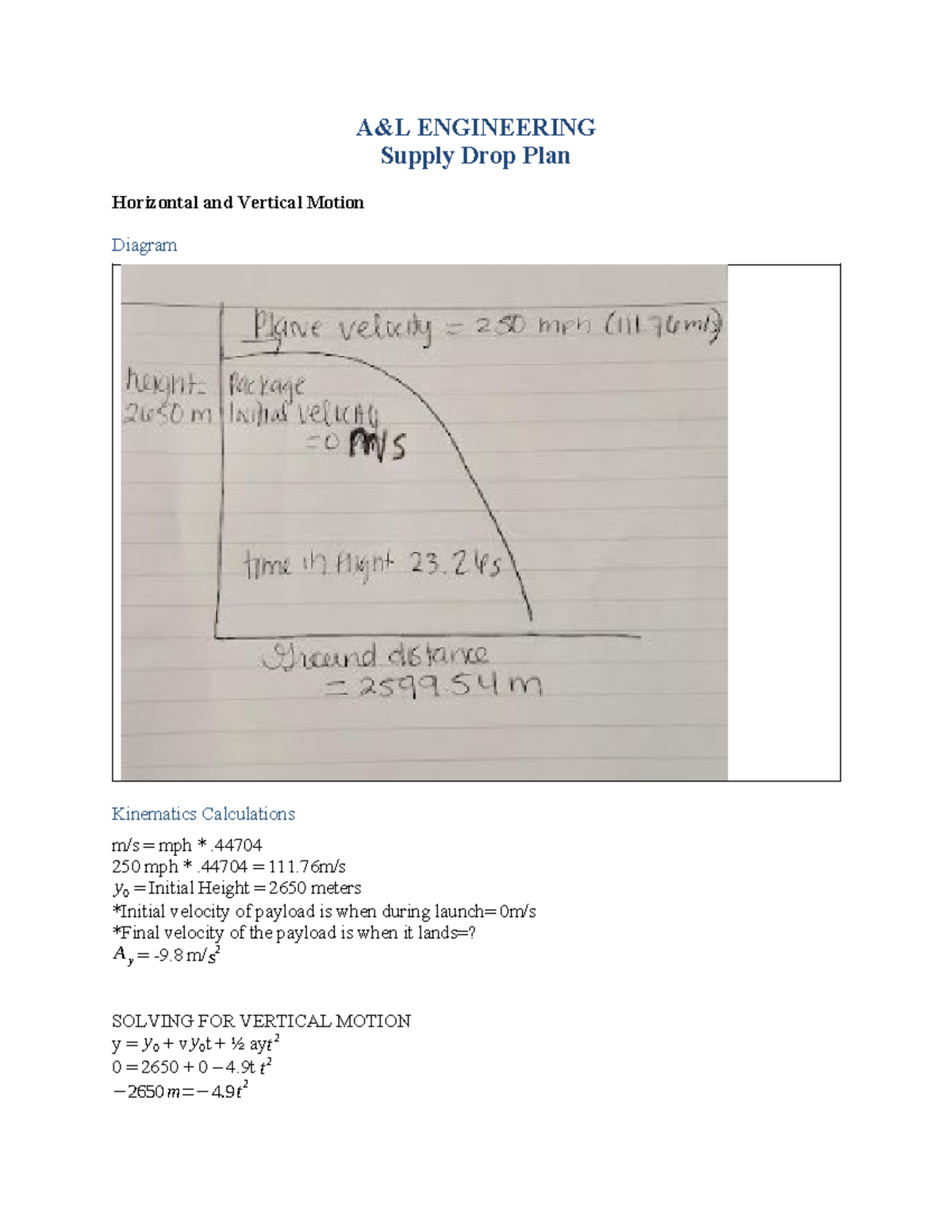 PHY 150 Project One Supply Drop Plan Template - A&L ENGINEERING Supply Drop Plan Horizontal and ...