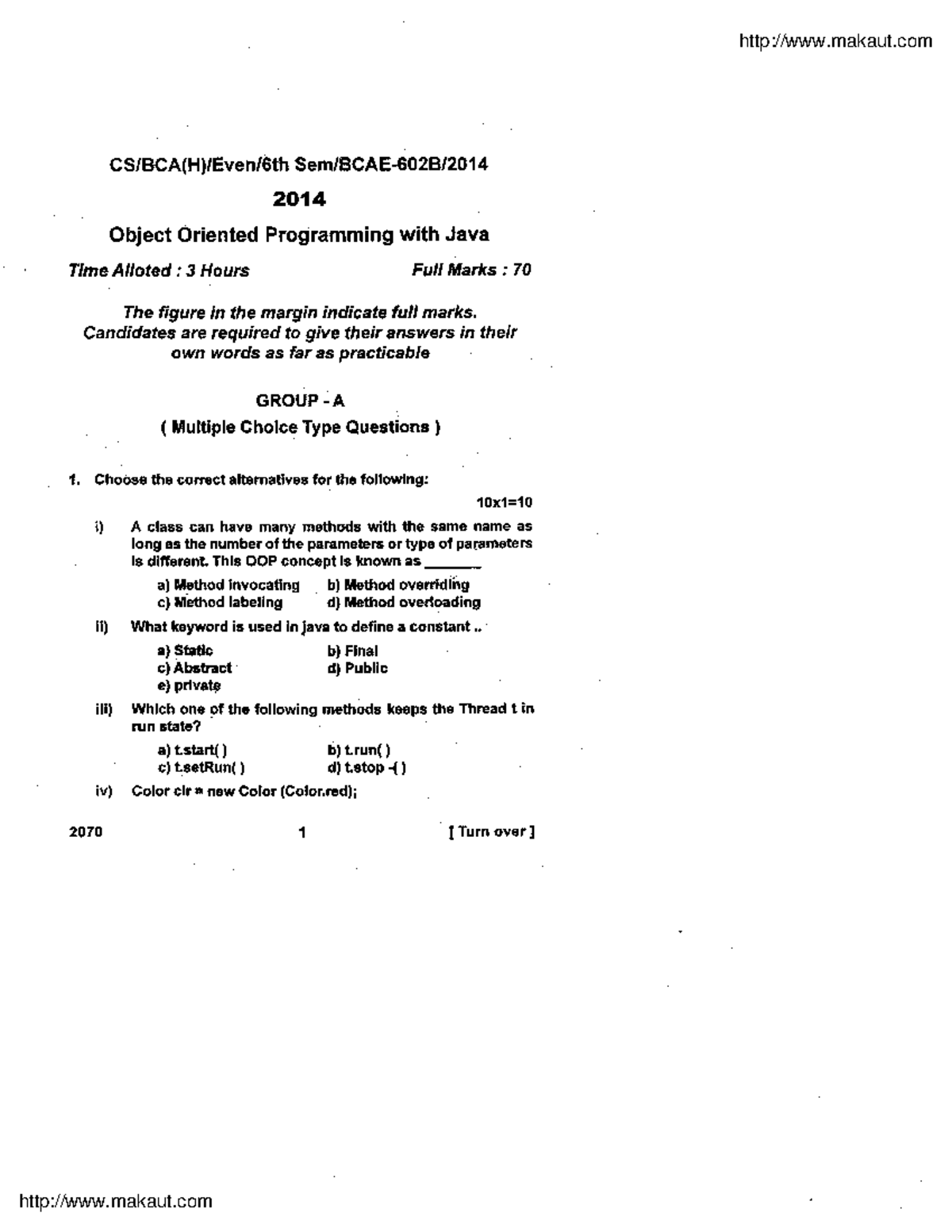 Bcah 6 Sem Object Oriented Programming With Java Bcae 602b 2014