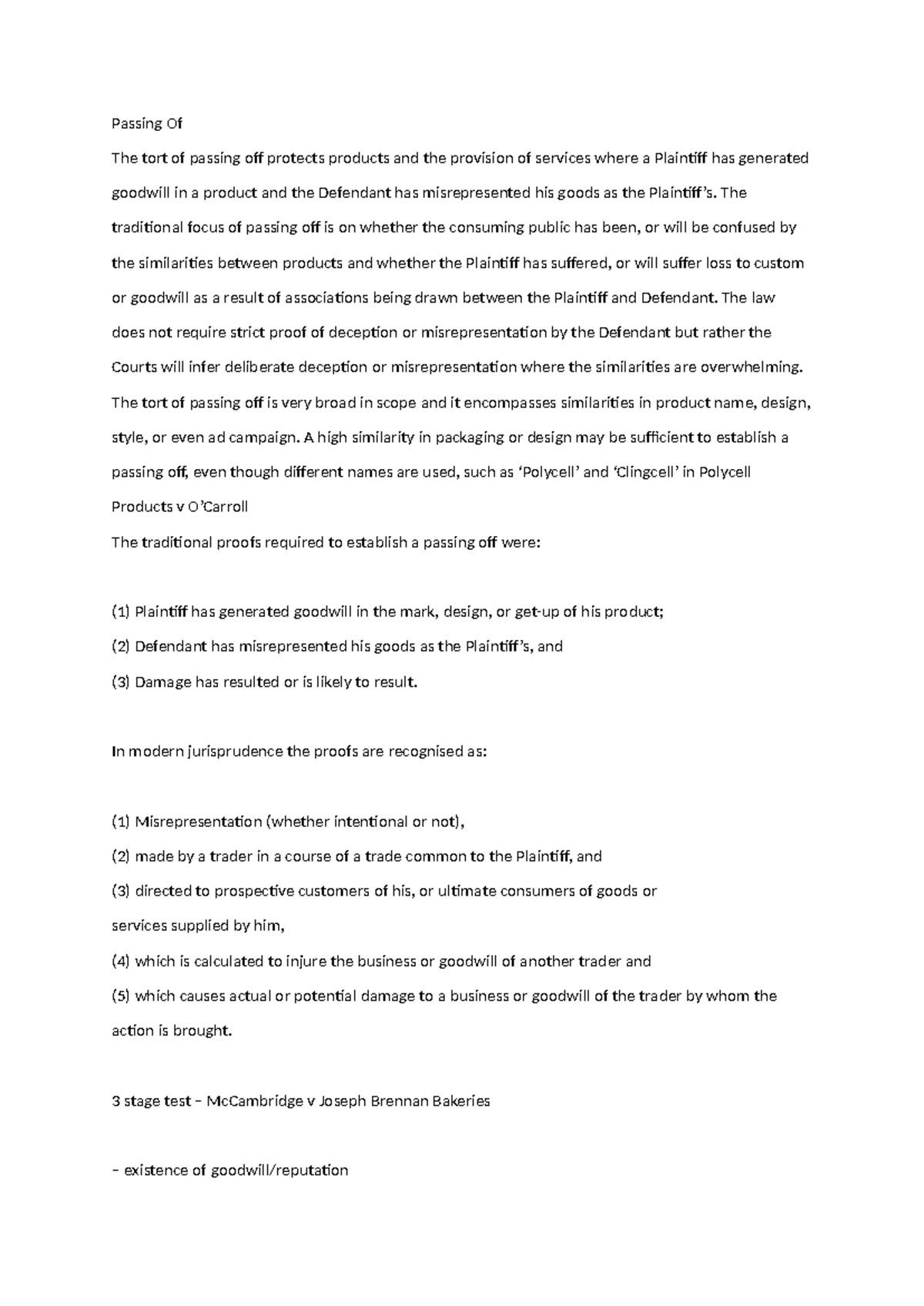 Passing off - notes - Passing Of The tort of passing off protects ...