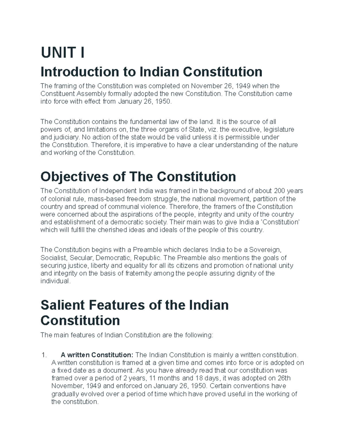 Constitution Notes Initial - UNIT I Introduction to Indian Constitution ...