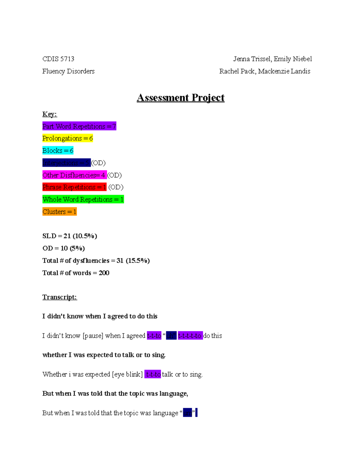 Stuttering Assessment Project - CDIS 5713 Jenna Trissel, Emily Niebel ...