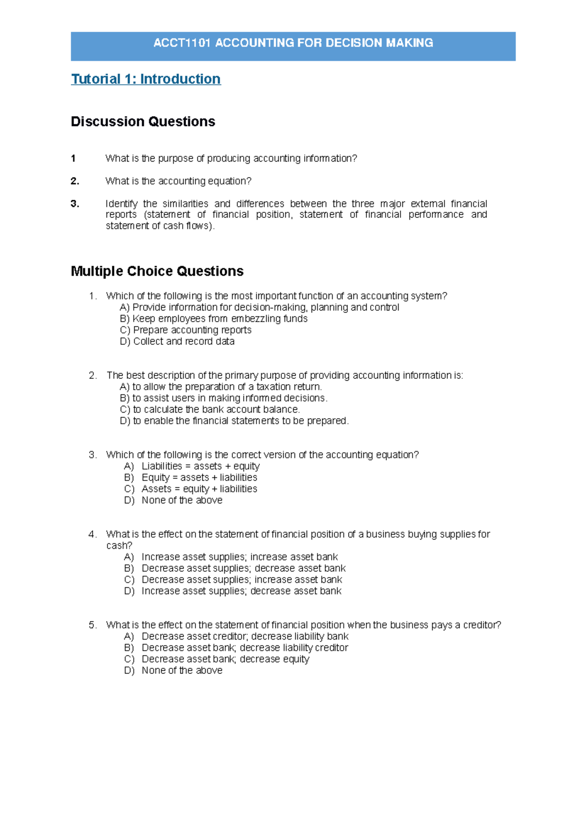 Tutorial 1 Questions - Tutorial 1: Introduction Discussion Questions 1 ...