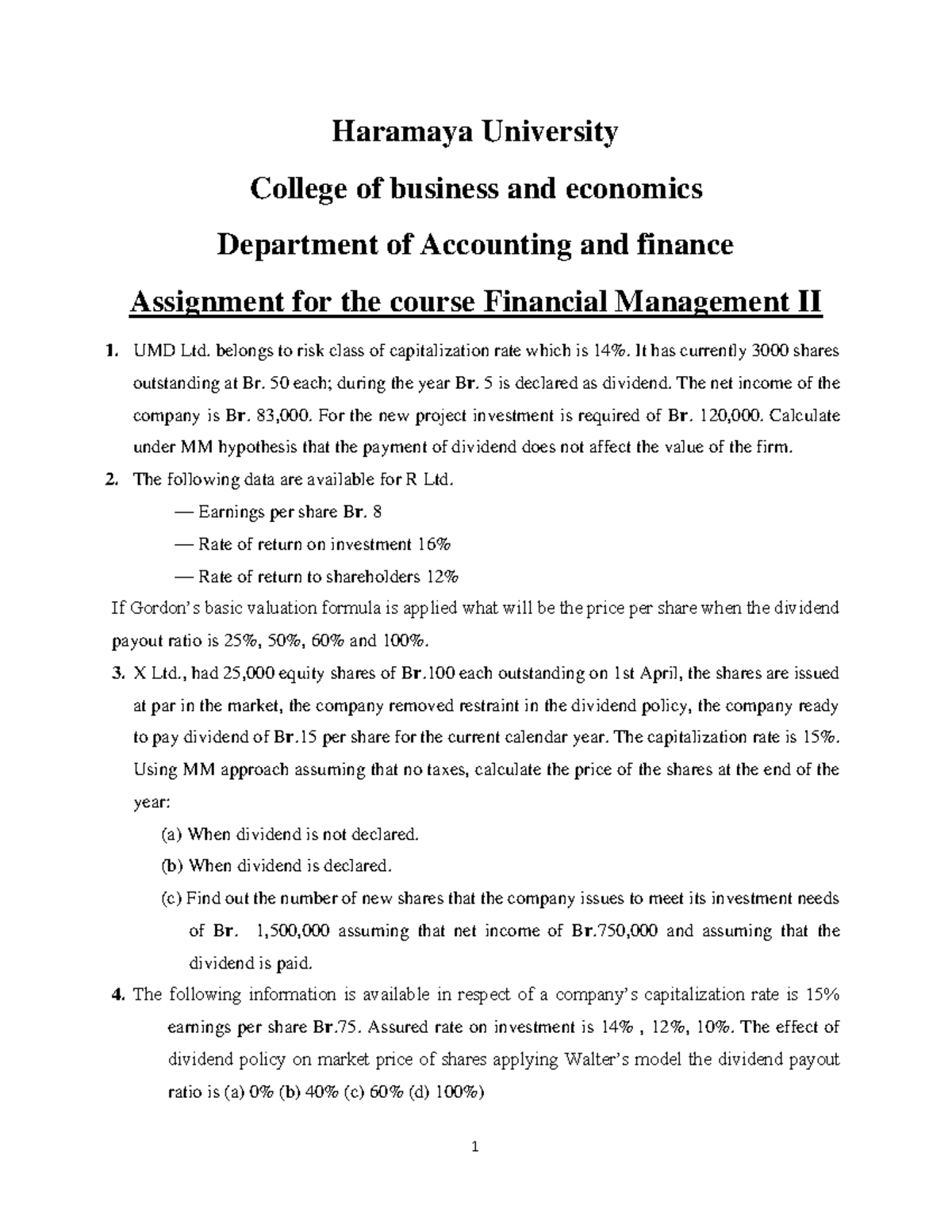 FM-II Assignment - Haramaya University College of business and ...