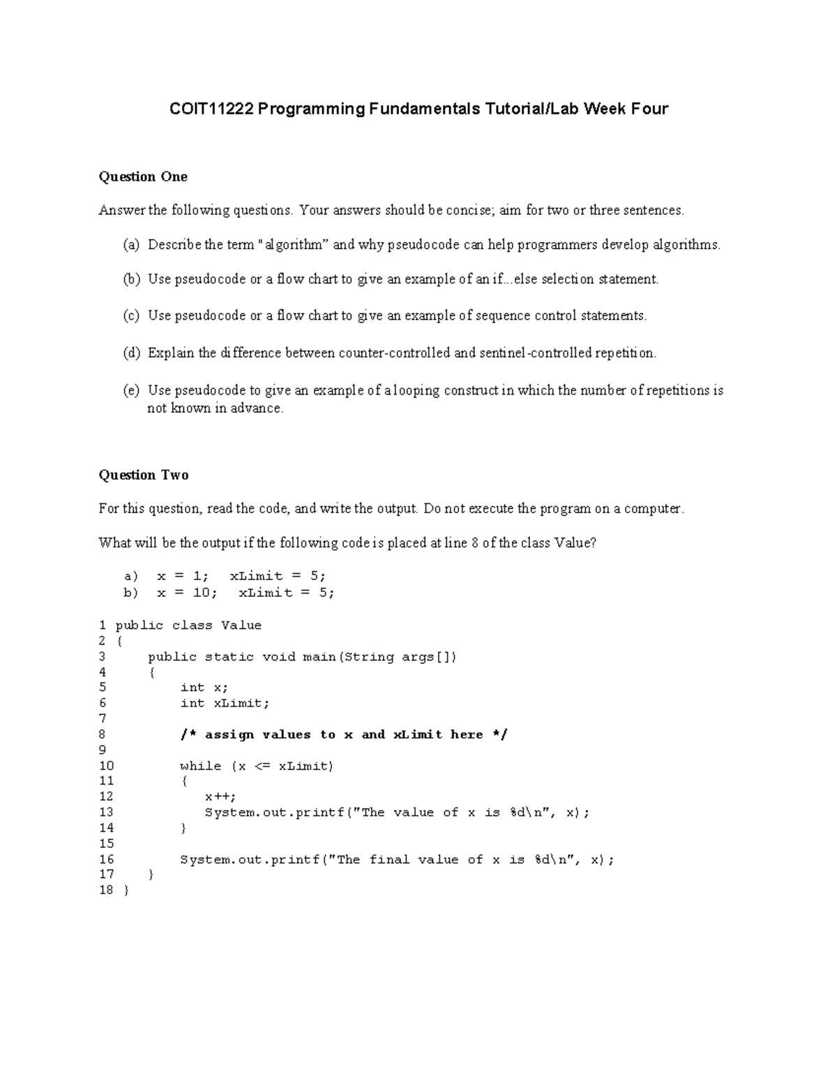 COIT11222 Tutorial Week4 - COIT11222 Programming Fundamentals Tutorial/Lab Week Four Question ...