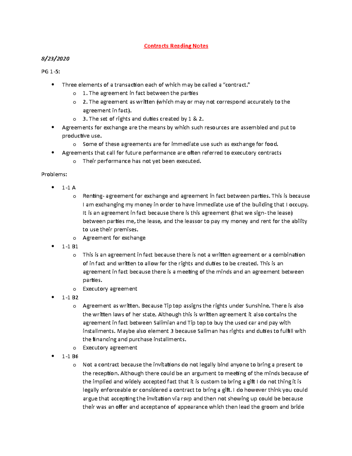 Contracts- Reading Notes - Contracts Reading Notes 8/23/ PG 1-5: Three ...