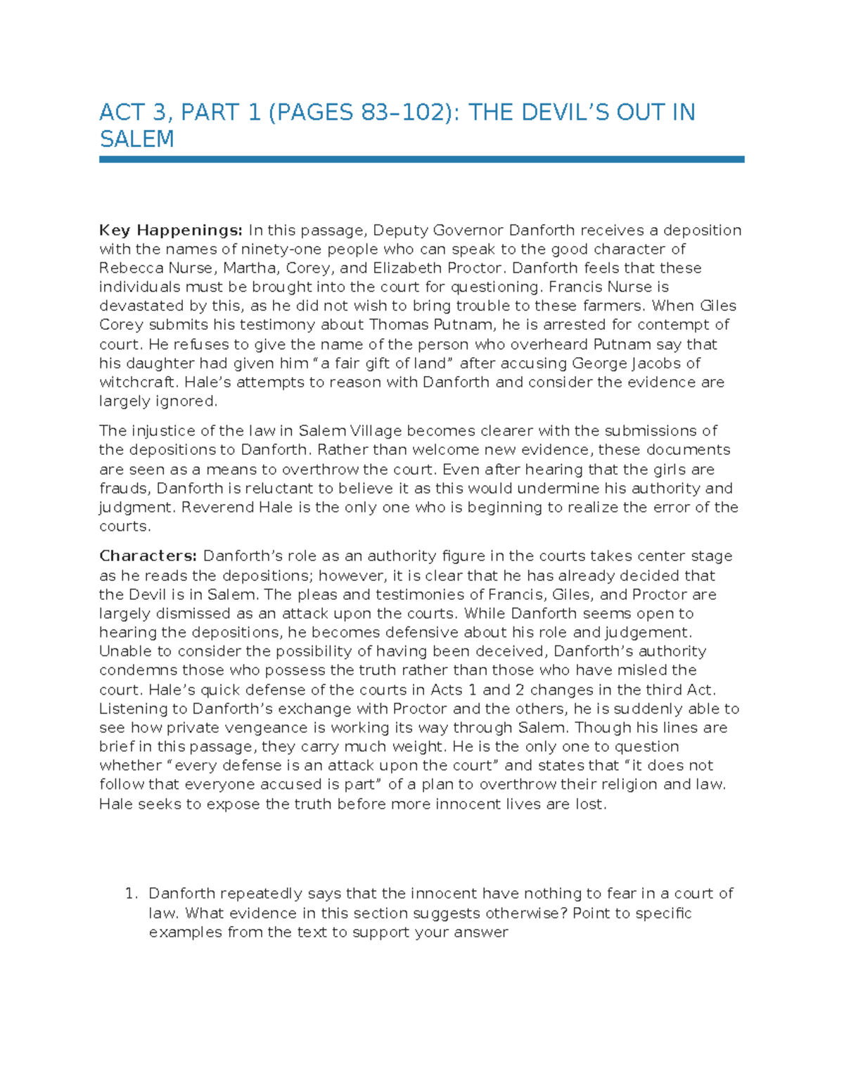 The Crucible hw questions Act Three - ACT 3, PART 1 (PAGES 83–102): THE ...