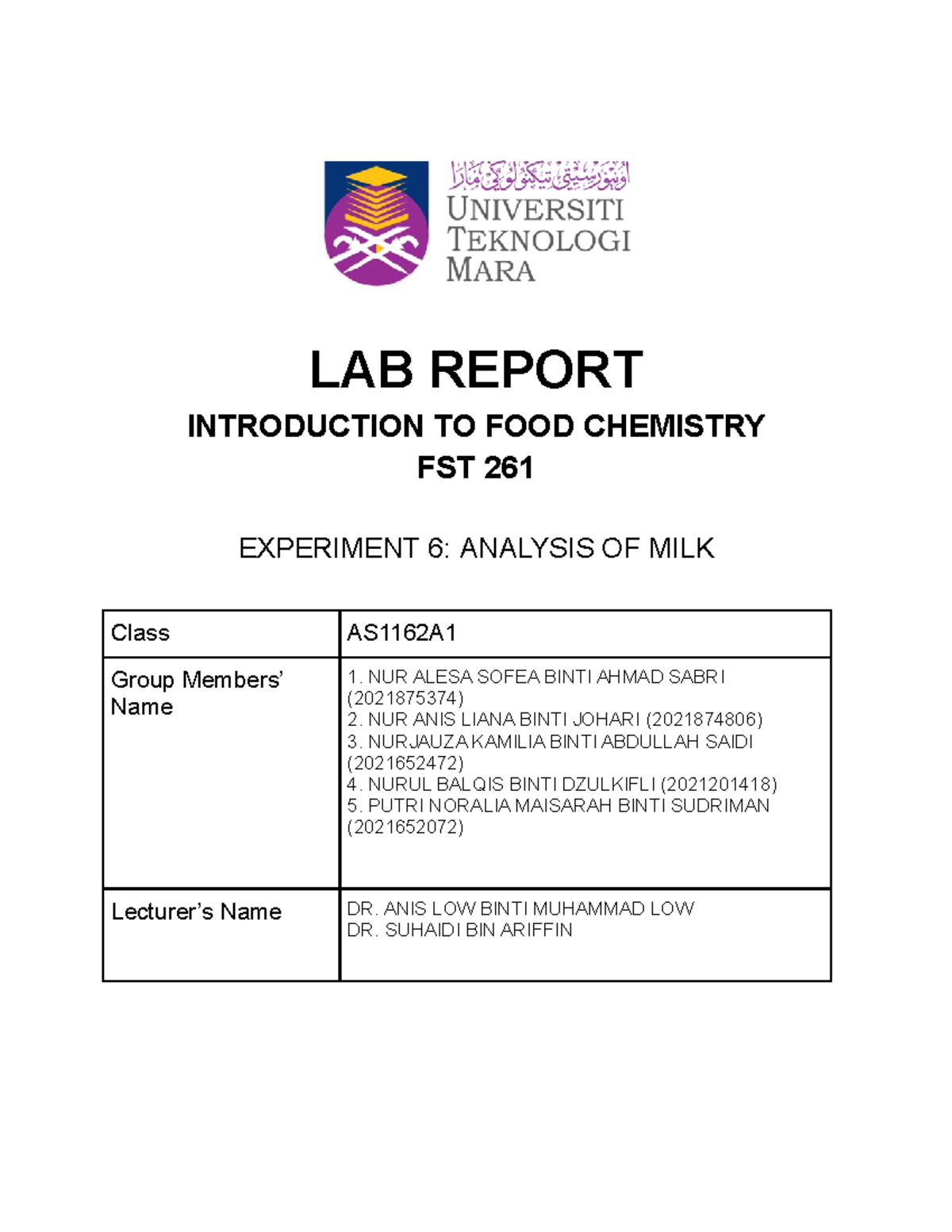 LAB Report 6 - LAB REPORT INTRODUCTION TO FOOD CHEMISTRY FST 261 ...
