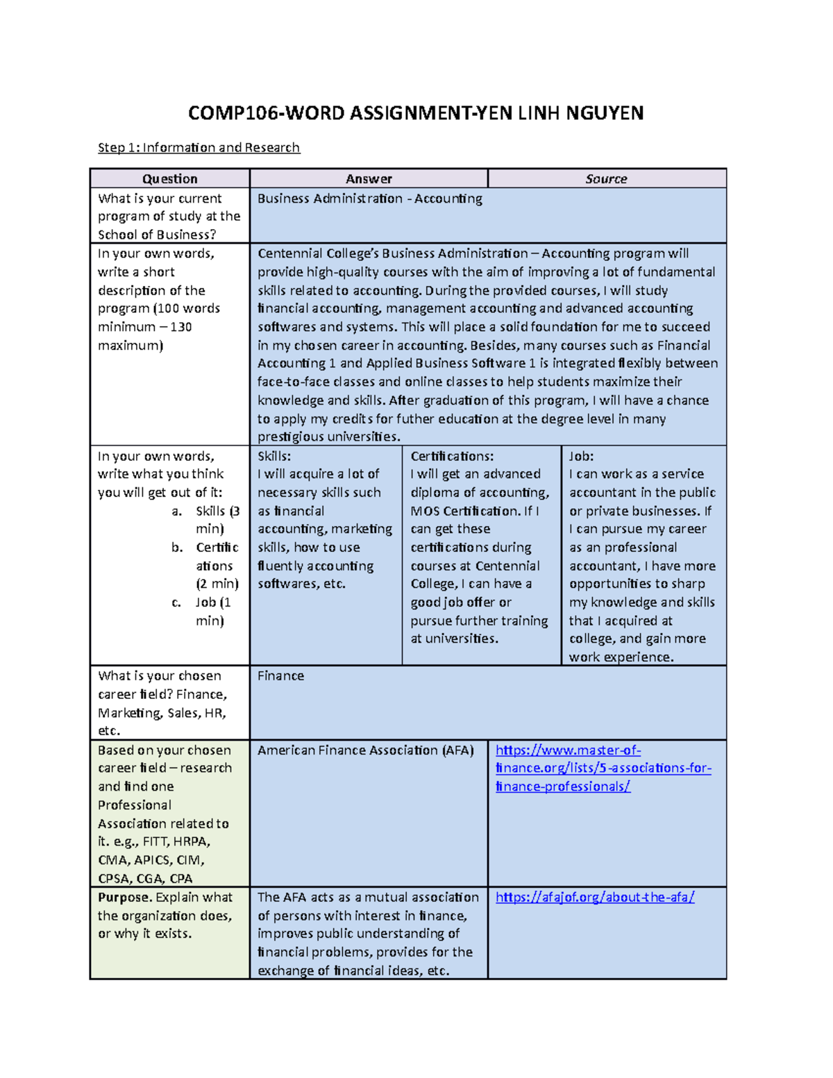 Yen Linh Nguyen Word Assignment Information - COMP106-WORD ASSIGNMENT ...