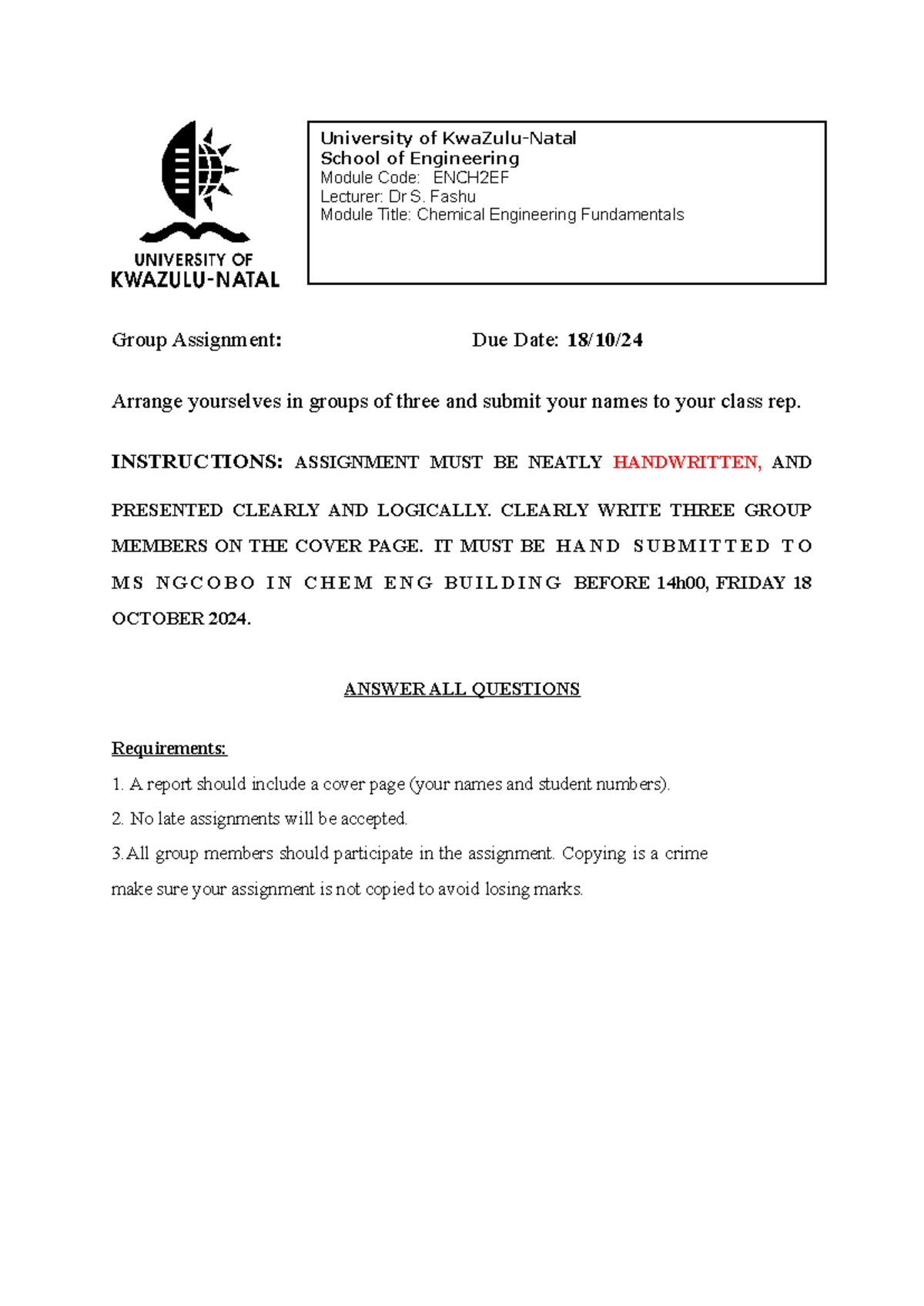 Assignment - helpful - Group Assignment: Due Date: 18/10/ Arrange ...