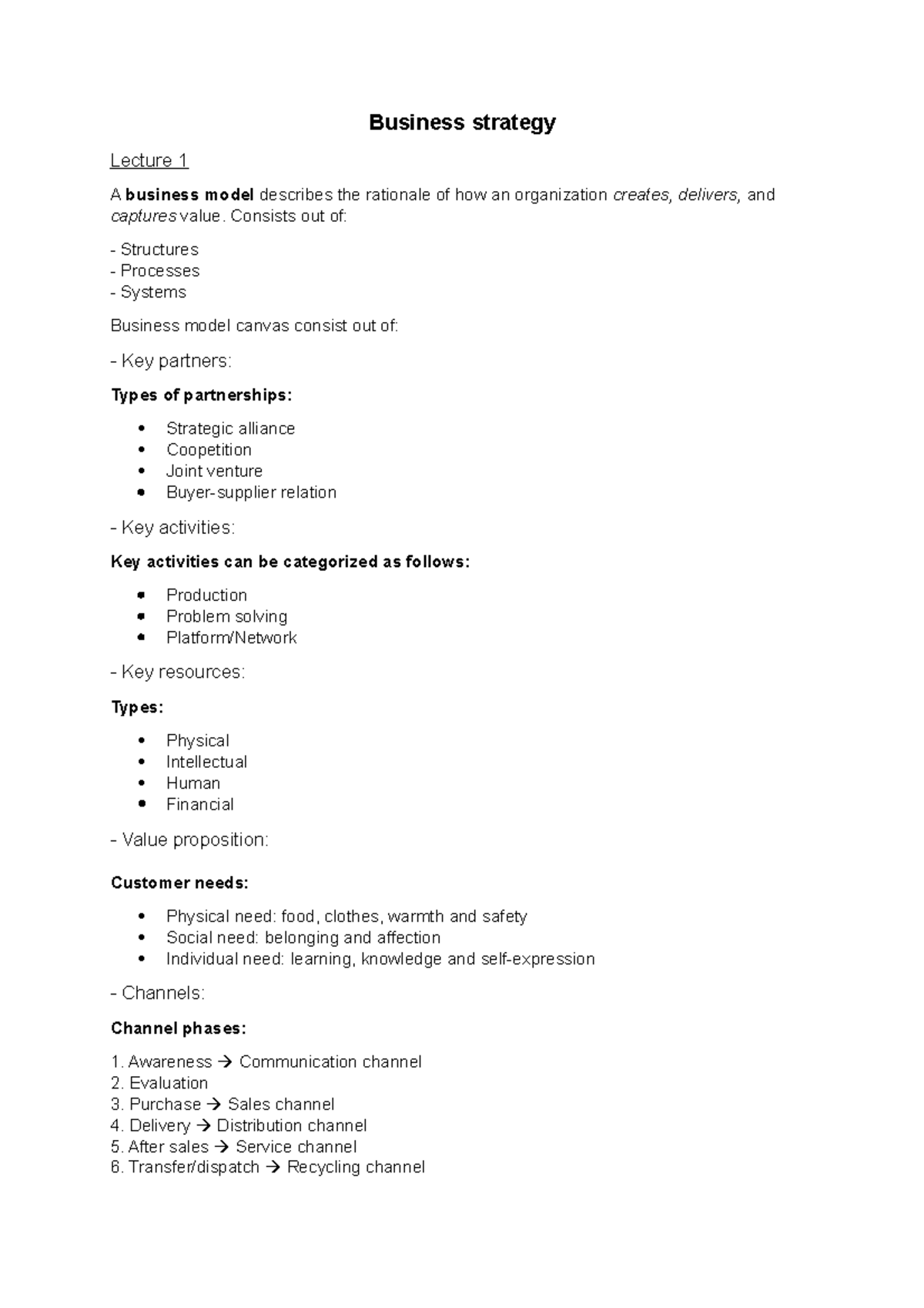 Business strategy summary - Business strategy Lecture 1 A business ...