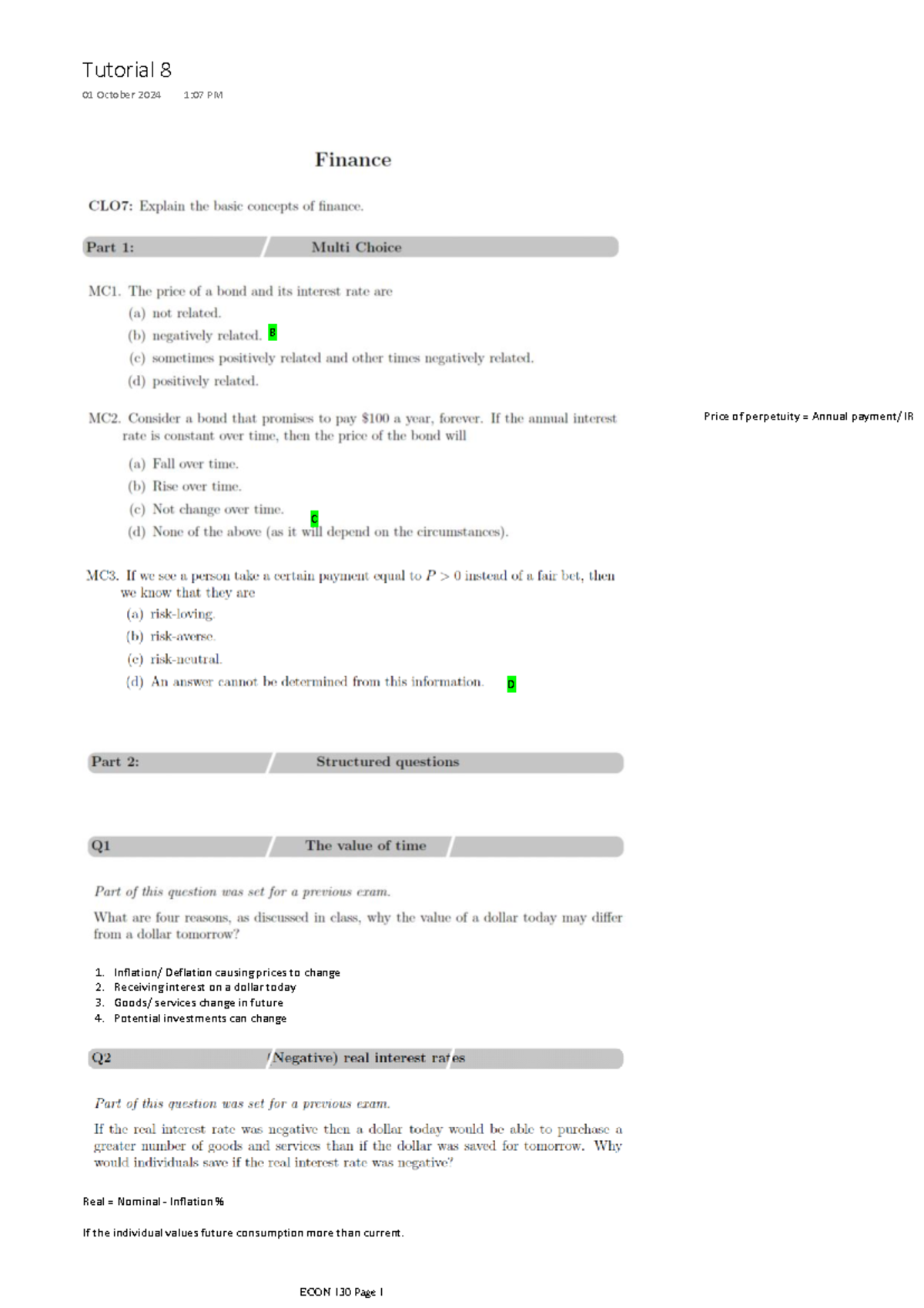Tutorial 8 - 3/3 - 1. Inflation/ Deflation causing prices to change 2. Receiving interest on a ...