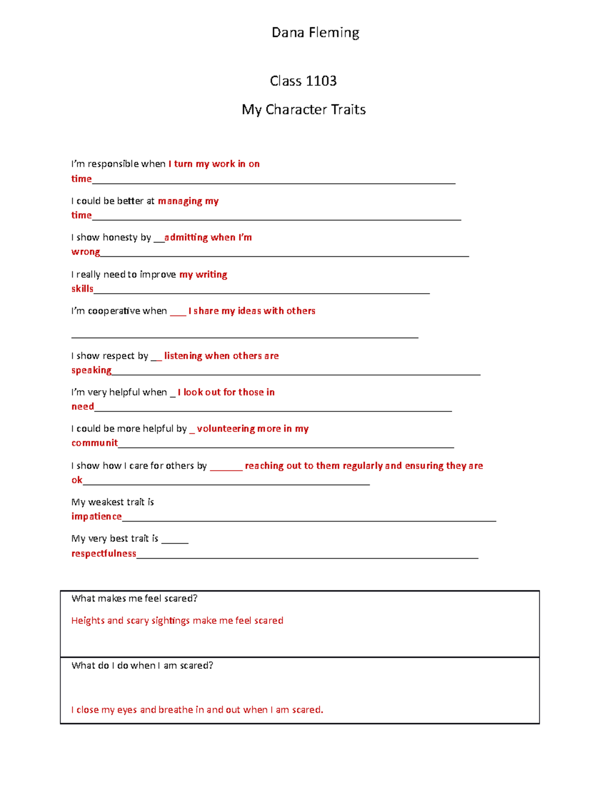 Character traits 11 - homework - Dana Fleming Class 1103 My Character ...