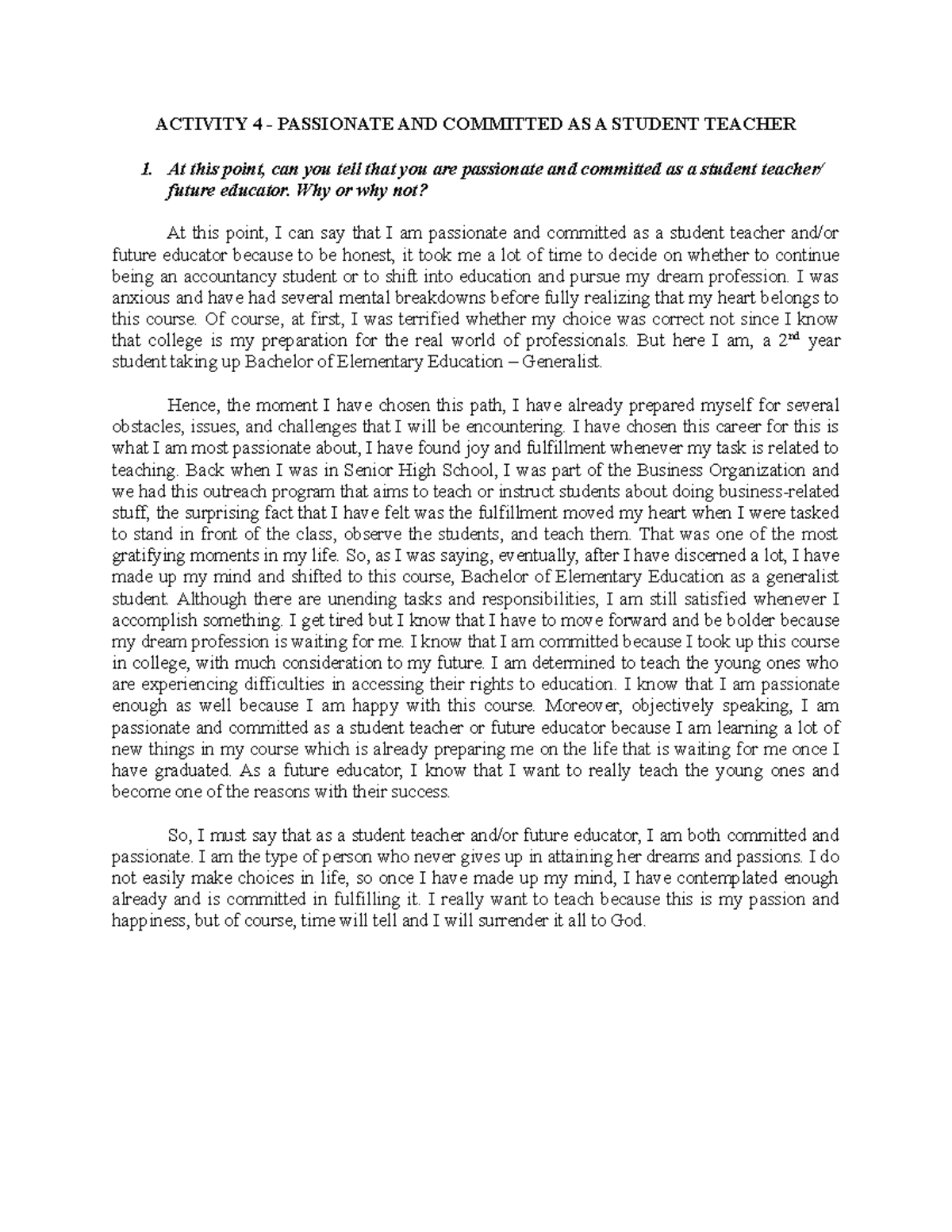 Activity 4: Passionate and Committed as a Student Teacher - ACTIVITY 4 ...