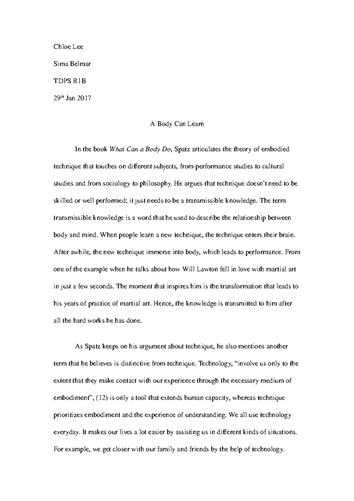 Reflection on spatz - Chloe Lee Sima Belmar TDPS R1B 29 th Jan 2017 A ...