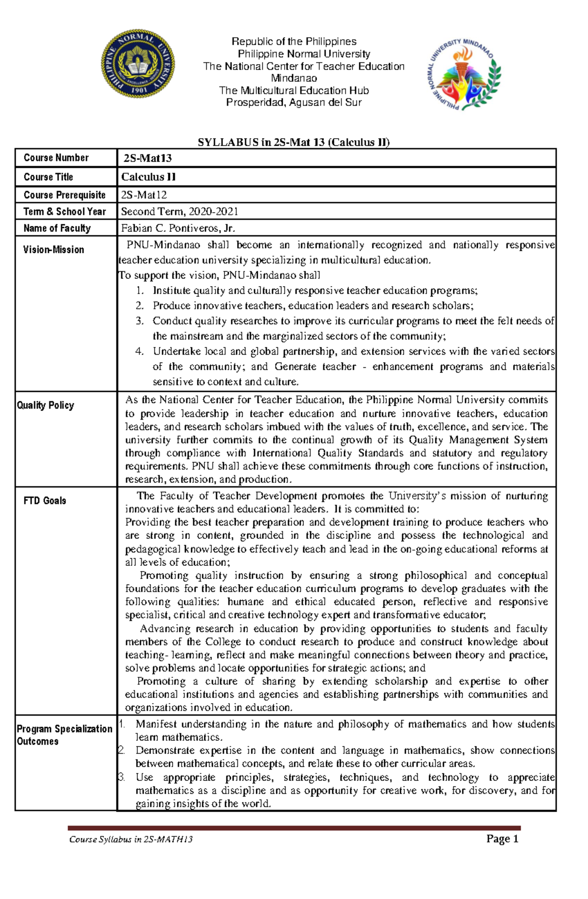 Syllabus 2S-Math13 - Integral Calculus - Republic of the Philippines ...