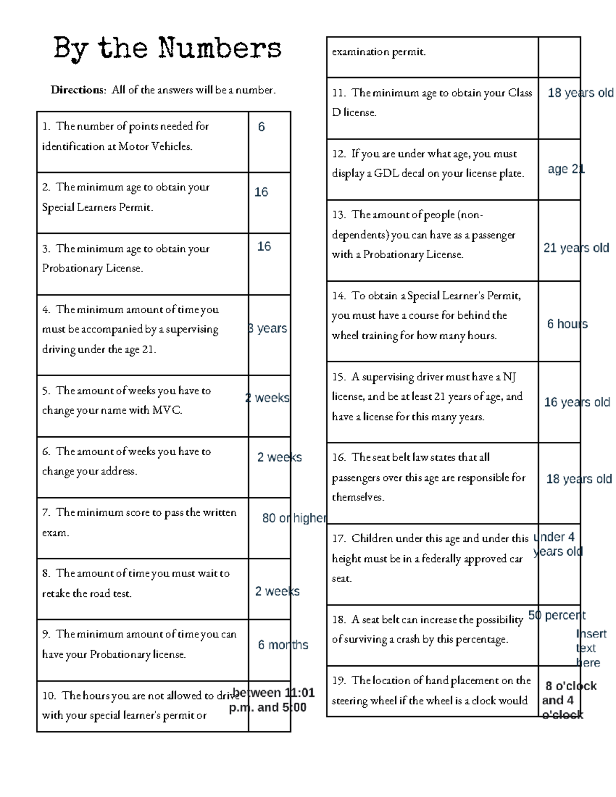Quintavella By the Numbers - By the Numbers Directions: All of the ...