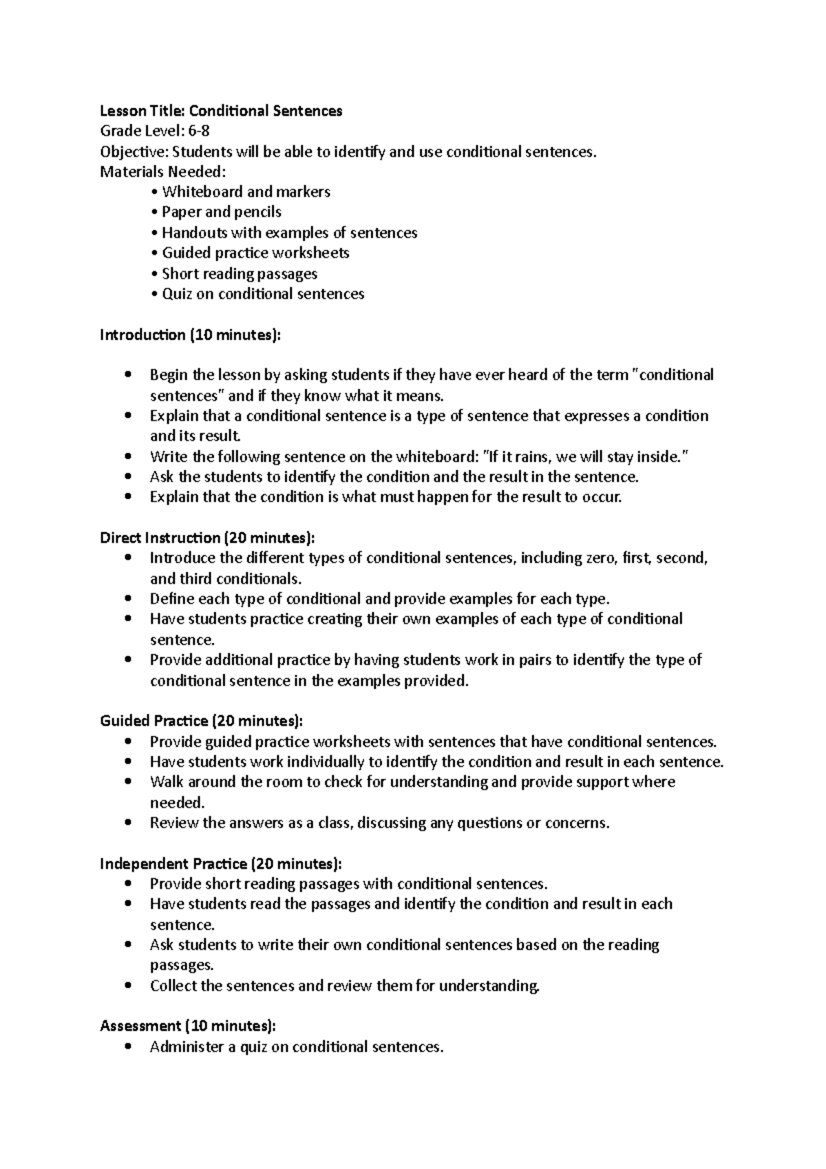 Lesson Title- Conditional Sentences - Lesson Title: Conditional Sentences Grade Level: 6 ...