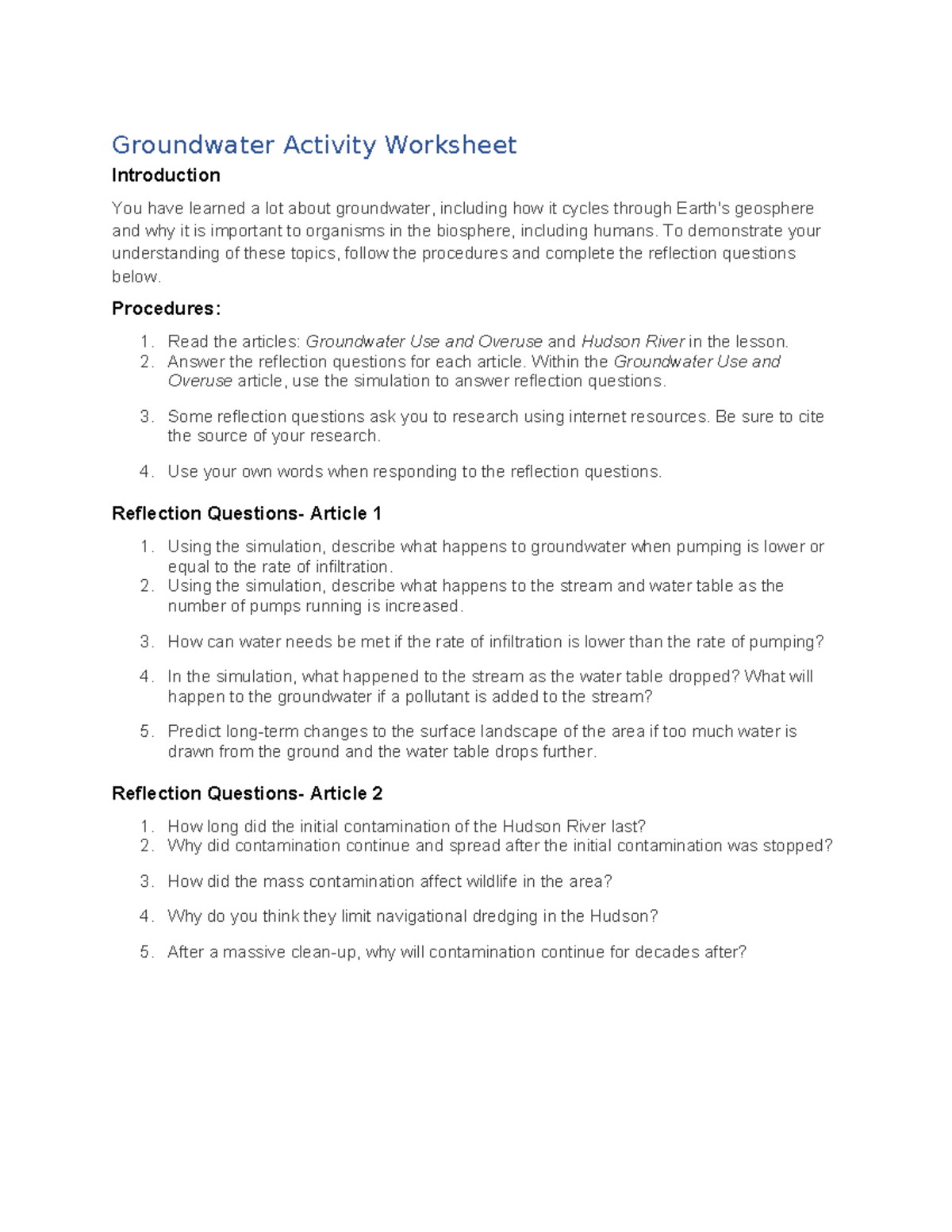 Groundwater activity worksheet - Groundwater Activity Worksheet ...