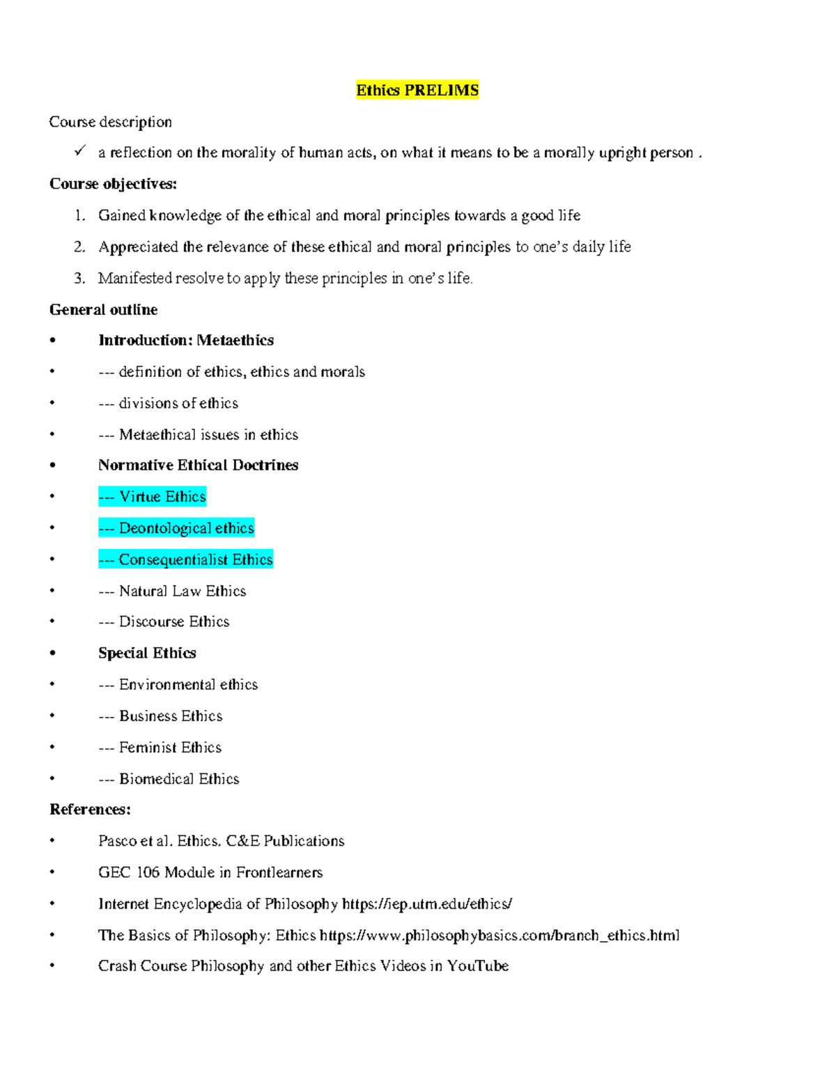 ALL Topics Ethics - Hirap - Ethics PRELIMS Course description a ...