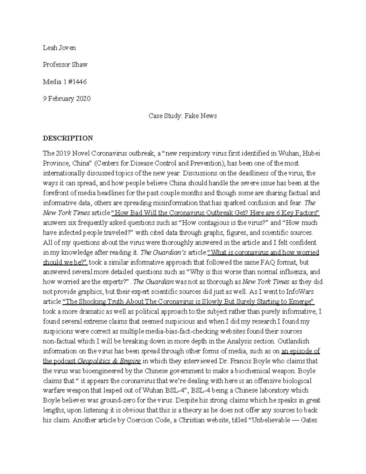 Project 4; Fake News Case Study - Leah Joven Professor Shaw Media 1 # 9 ...