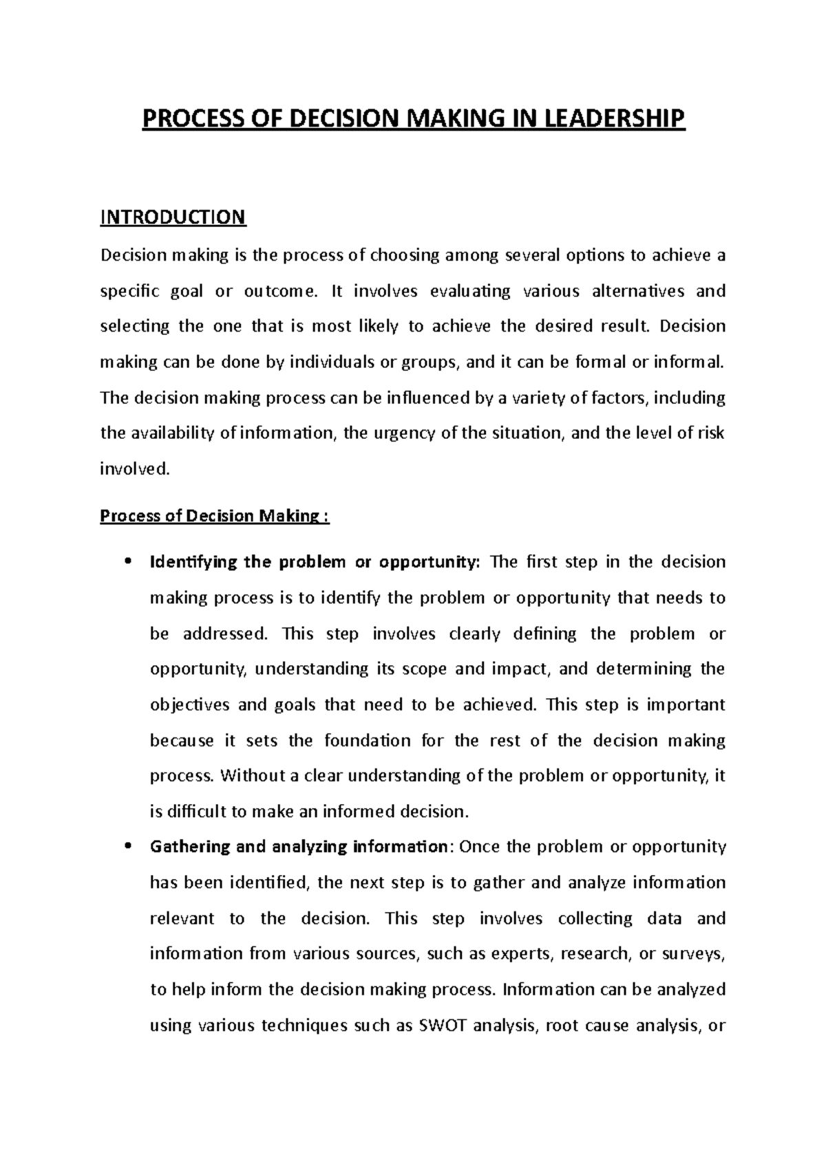 Process of Decision Making in Leadership - PROCESS OF DECISION MAKING ...