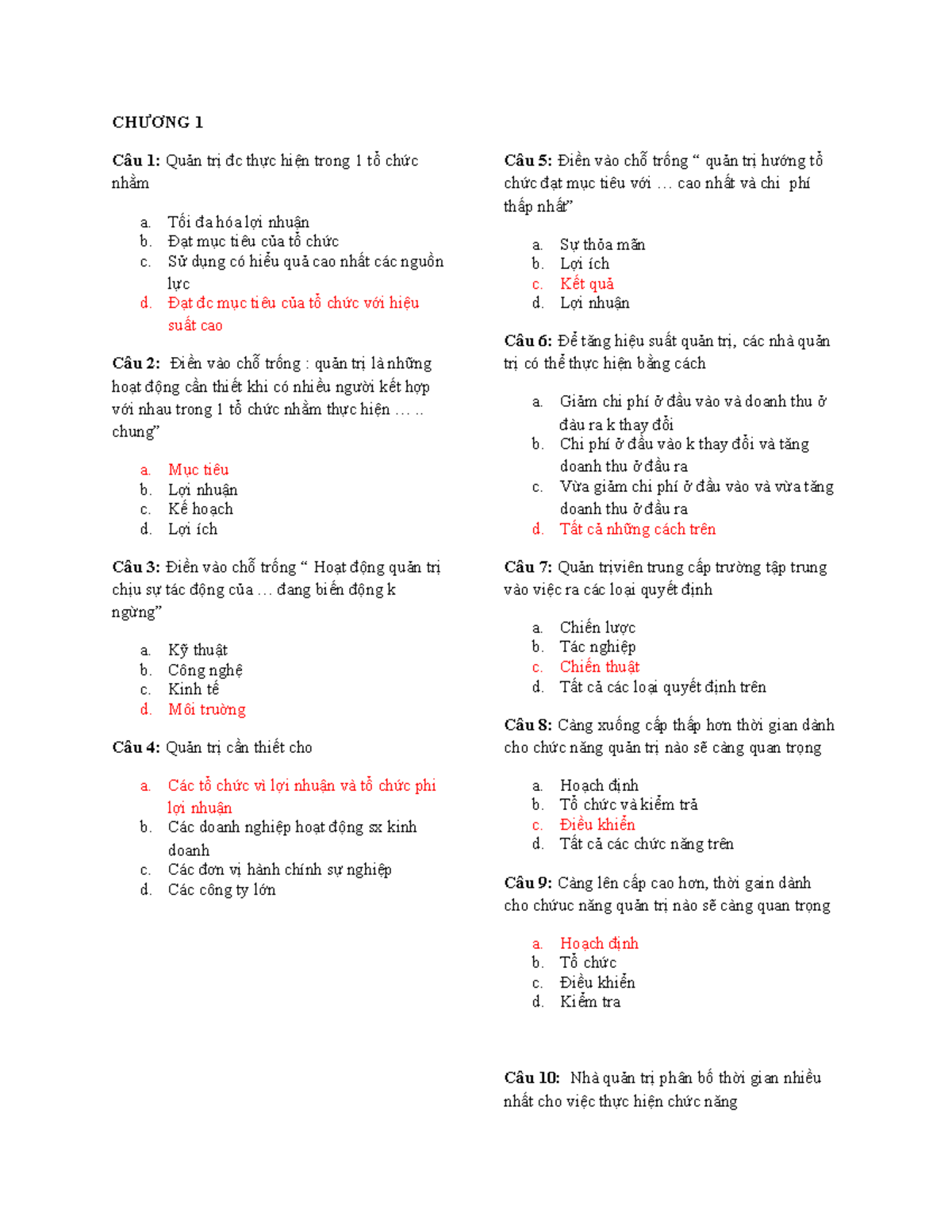 Trac-nghiem-mon-quan-tri-hoc compress - CHƯƠNG 1 Câu 1: Quản trị đc thực hiện trong 1 tổ chức ...