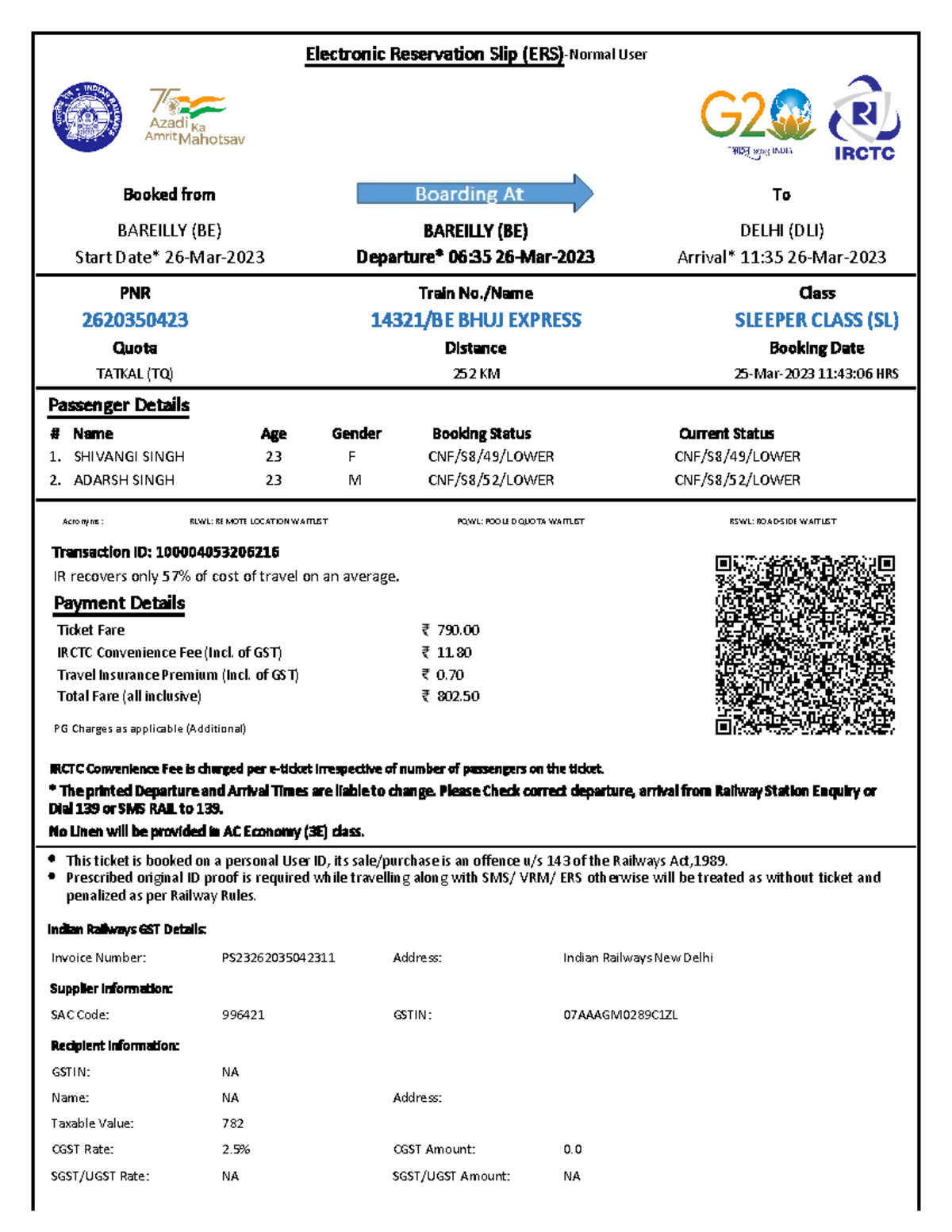 2620350423 - Electronic Reservation Slip (ERS)-Normal User Booked from ...